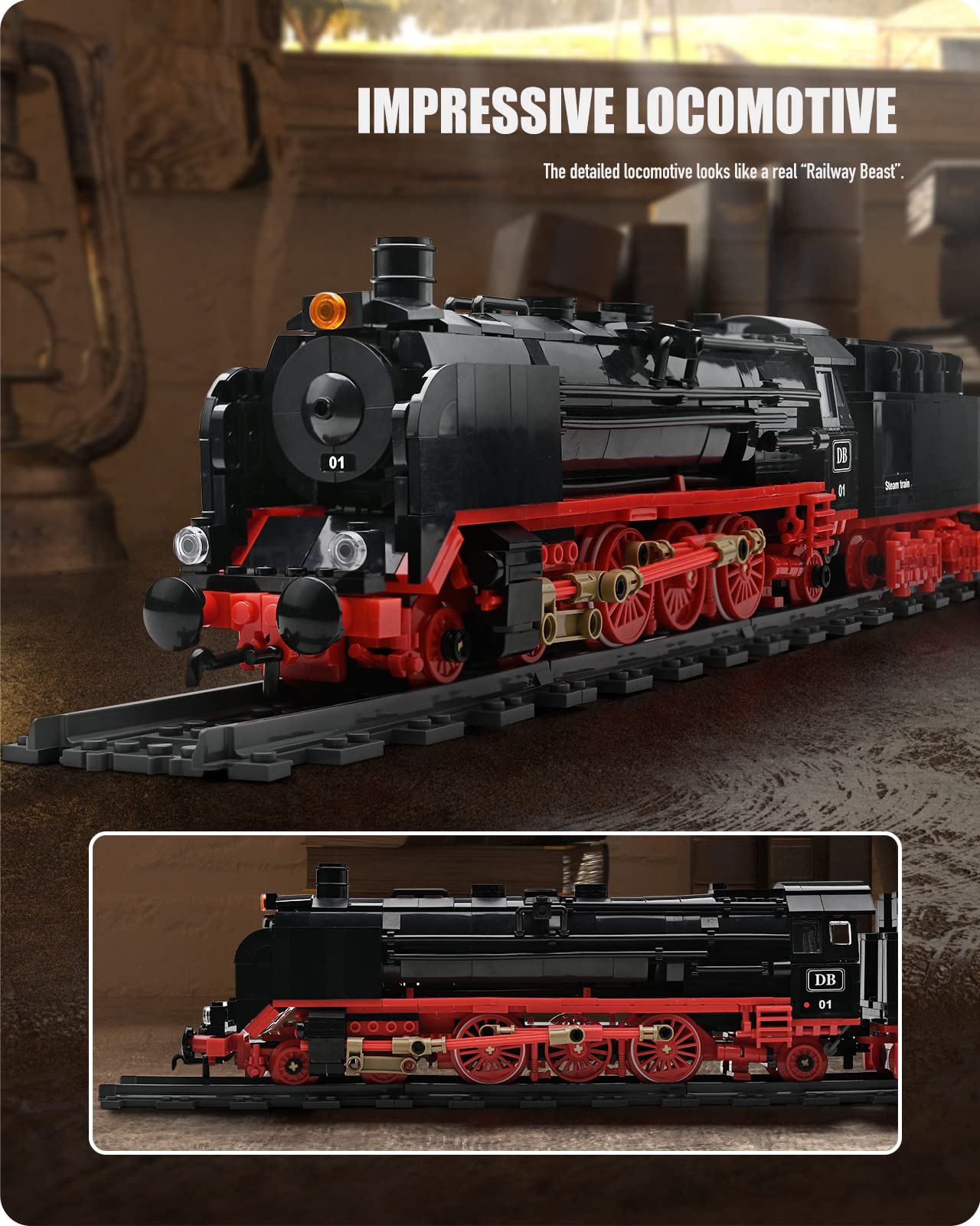 Nifeliz BR01 Steam Train Building Kit and Engineering Toy, Collectible Steam Locomotive Display Set, Train Set with Train Tracks, Top Present for Train Lovers (1173 PCS)