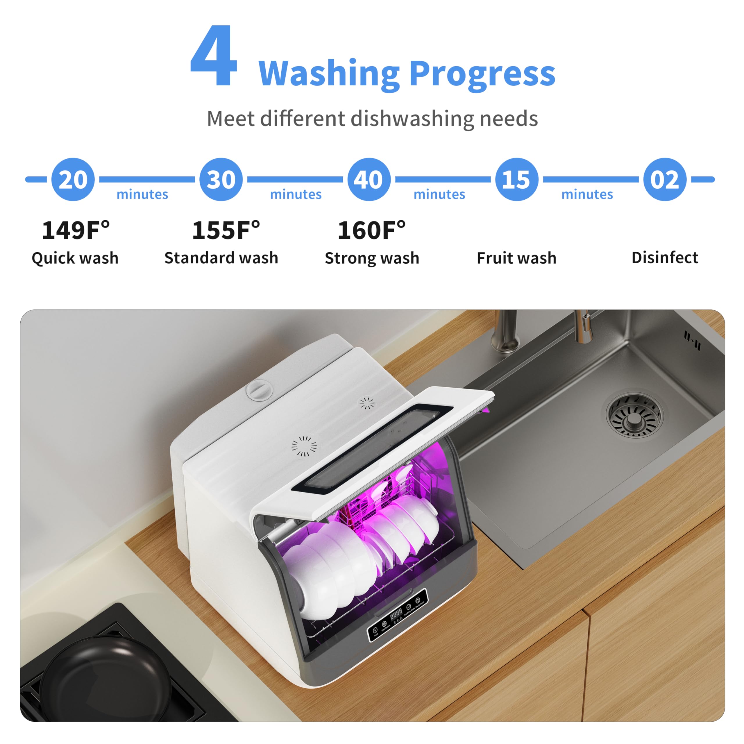 Wsky Countertop Dishwasher, 4 Washing Programs Portable Dishwasher,360° Dual Spray With Disinfection and Residual Temperature Drying Function 9-Liter External Water Tank for Home, Apartments& RVs
