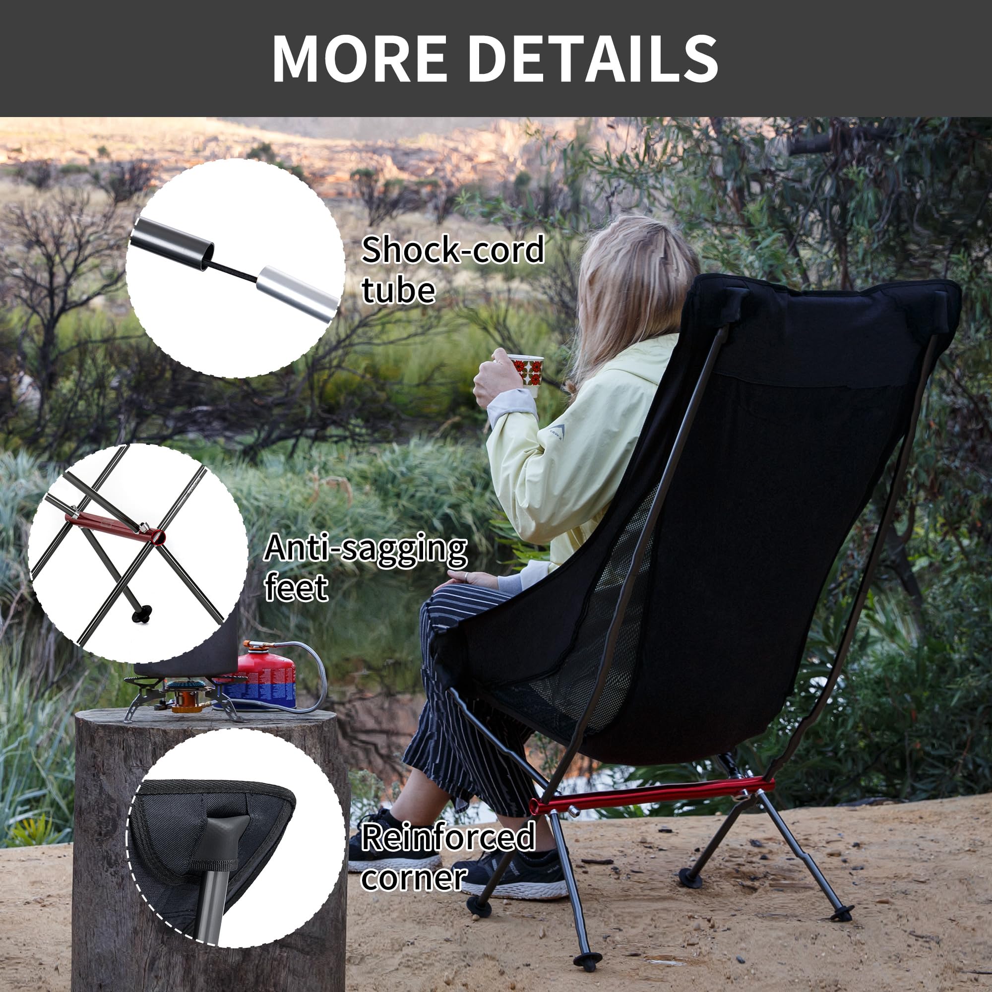 Naturehike Folding Camping Chair, Lightweight High Back Portable Compact Chair, Large Heavy Duty 330lbs for Adults, Hiking Camp Backpacking Beach Picnic Fishing with Storage Bag, Black