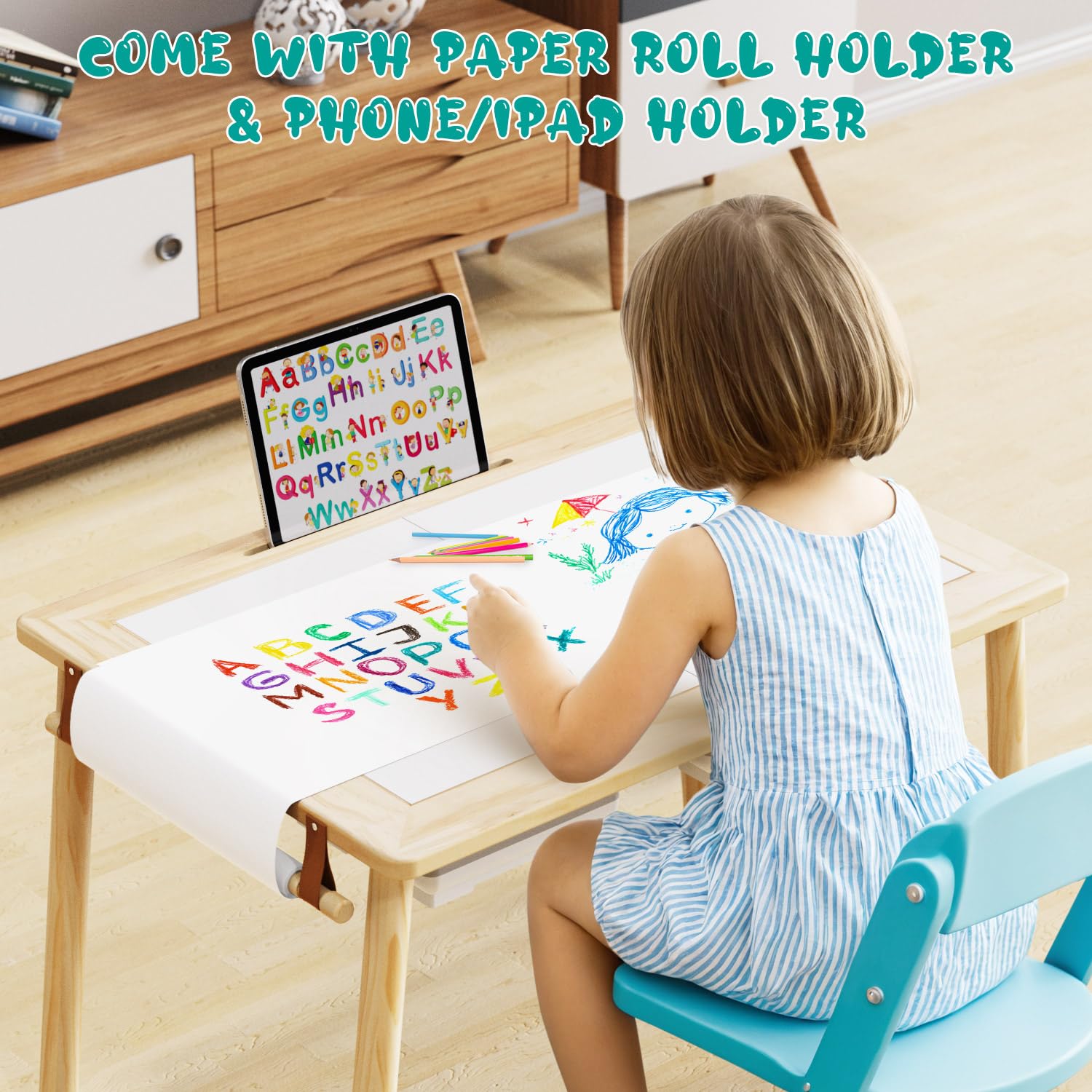 Wattne Sensory Table for Toddlers 1-5, Kids Activity Table Toddler Sensory Table with Paper Roll Holder,Lid & 2 Storage Bin, Wooden Sensory Table for Indoor Outdoor Use