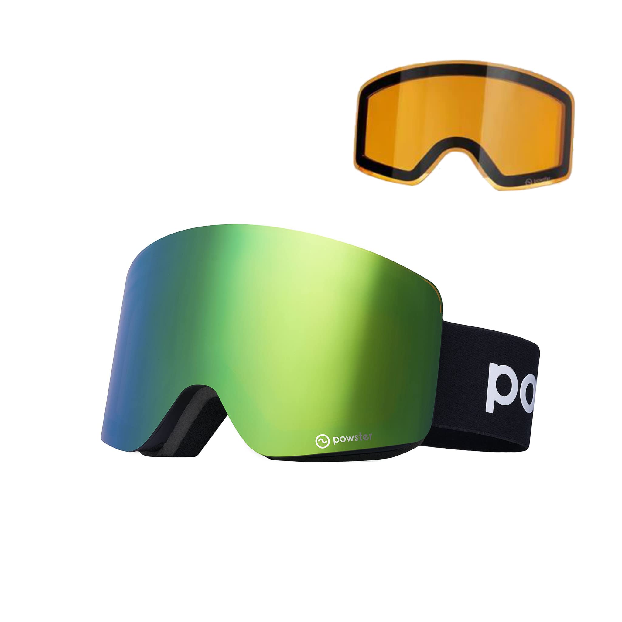 Powster Asteroid Ski Goggles with Bonus Lens(Orange)+ Goggles Case,Snowboard Snow Goggles for Men Women (Green-Black)