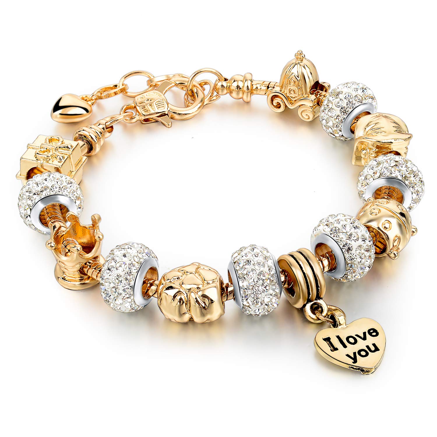 Long WayÂź Gold Plated Snake Chain Glass Beads I Love You Charm Beaded Bracelets for Women