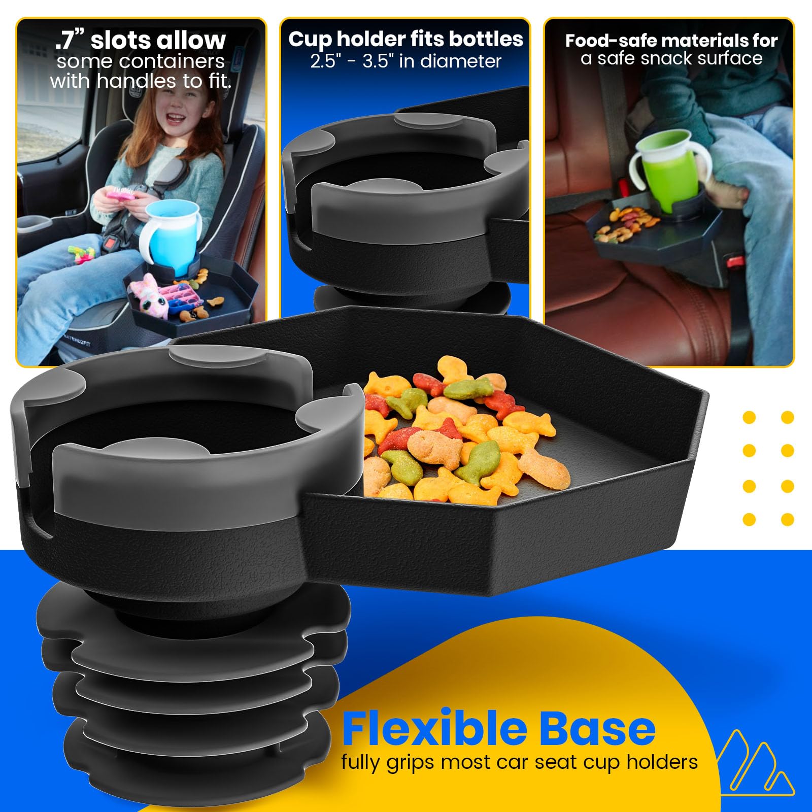 Kids Travel Tray β Large Base - Car Seat and Car Cup Holder Tray - Tray for Snacks, Entertainment, Toys β Includes Cup Holder β Fits Most Car Seats