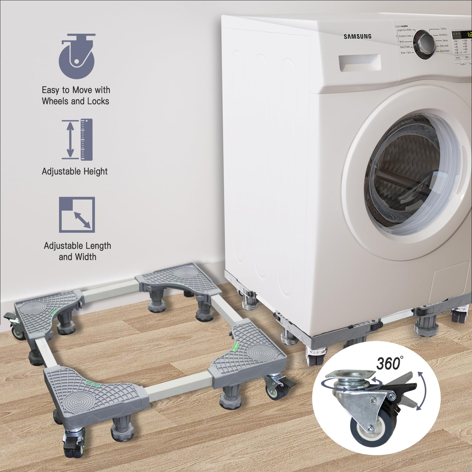 Pameloo Adjustable Washing Machine Stand 5.7" to 24.8" Wide, 8 Wheels Base Heavy Duty Laundry Appliance Support, Anti-Vibration Washer Pedestal and Dryer Base, Home Appliance Mobility Solution