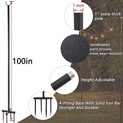 String Light Poles for Outdoor Lights 2 Pack,100 Inch Height Adjustable Metal Stand Pole with Hooks Hanging Lights,Garden, Backyard, Patio Lighting Parties, Wedding (Black)