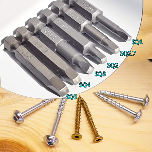 Square Head Screwdriver Bits 6 Sizes SQ1, SQ2, SQ2.7, SQ3, SQ4, SQ5, SKZIRI 6PCS 1/4 Inch Hex Shank Square Screwdriver Tool Set Kits Magnetic Tips For Poket Hole Jig