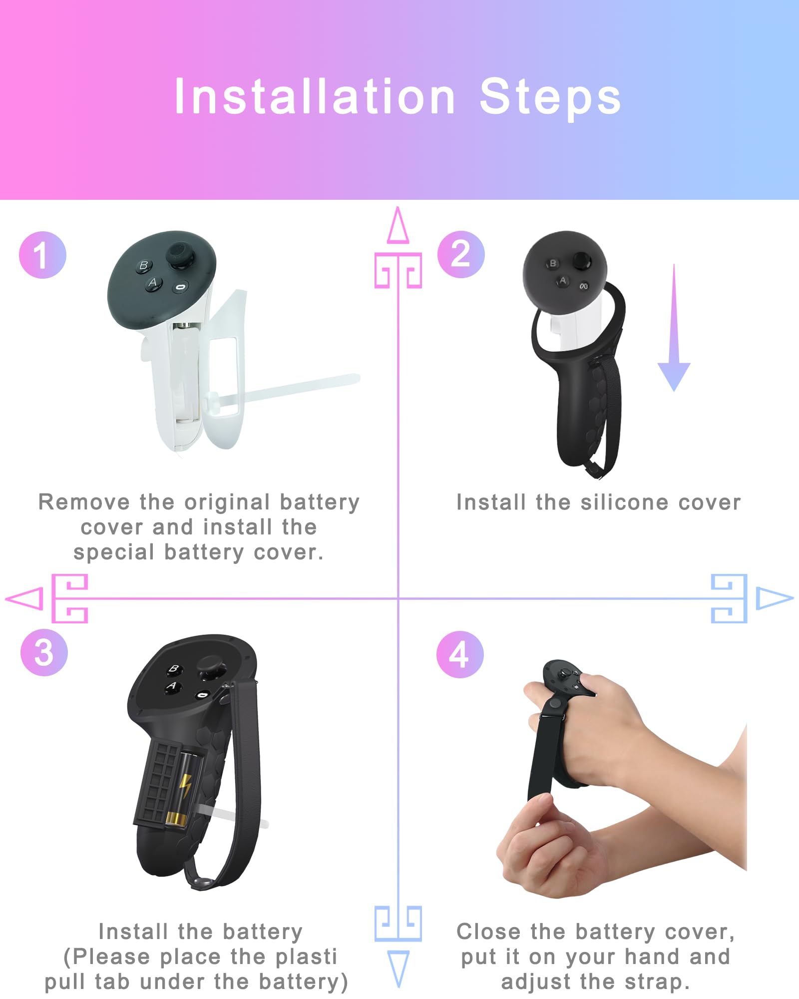 Lonxmovs Controller Grip Cover Compatible with Meta/Oculus Quest 3 Grips Cover for VR Touch Plus Controllers Covers Protector with Battery Opening Cover and Knuckle Straps(Black)