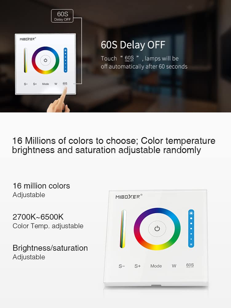 LGIDTECH P3 Miboxer Wall-Mounted Full Touch Panel Controller for 3528 5050 2835 RGB RGBW RGB+CCT Dimmable Color Changing LED Strip Lighting DC 12-24V 10A 120W 240W.Support Voice and DMX512 Control