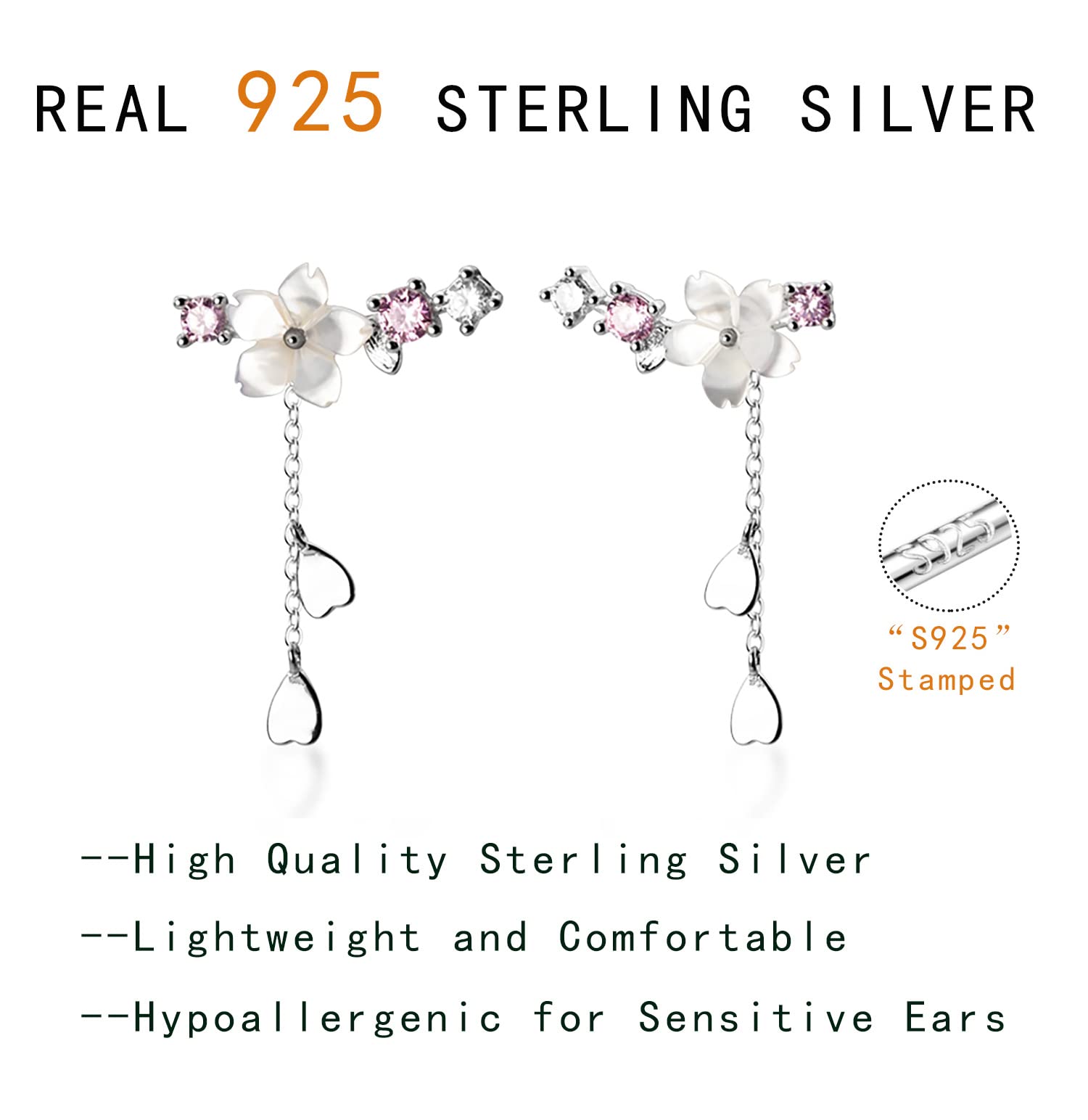 Reffeer Solid 925 Sterling Silver CZ Flower Crawler Earrings Wrap for Women Teens Dainty Flower Climber Earrings Cuff Dangle Chain