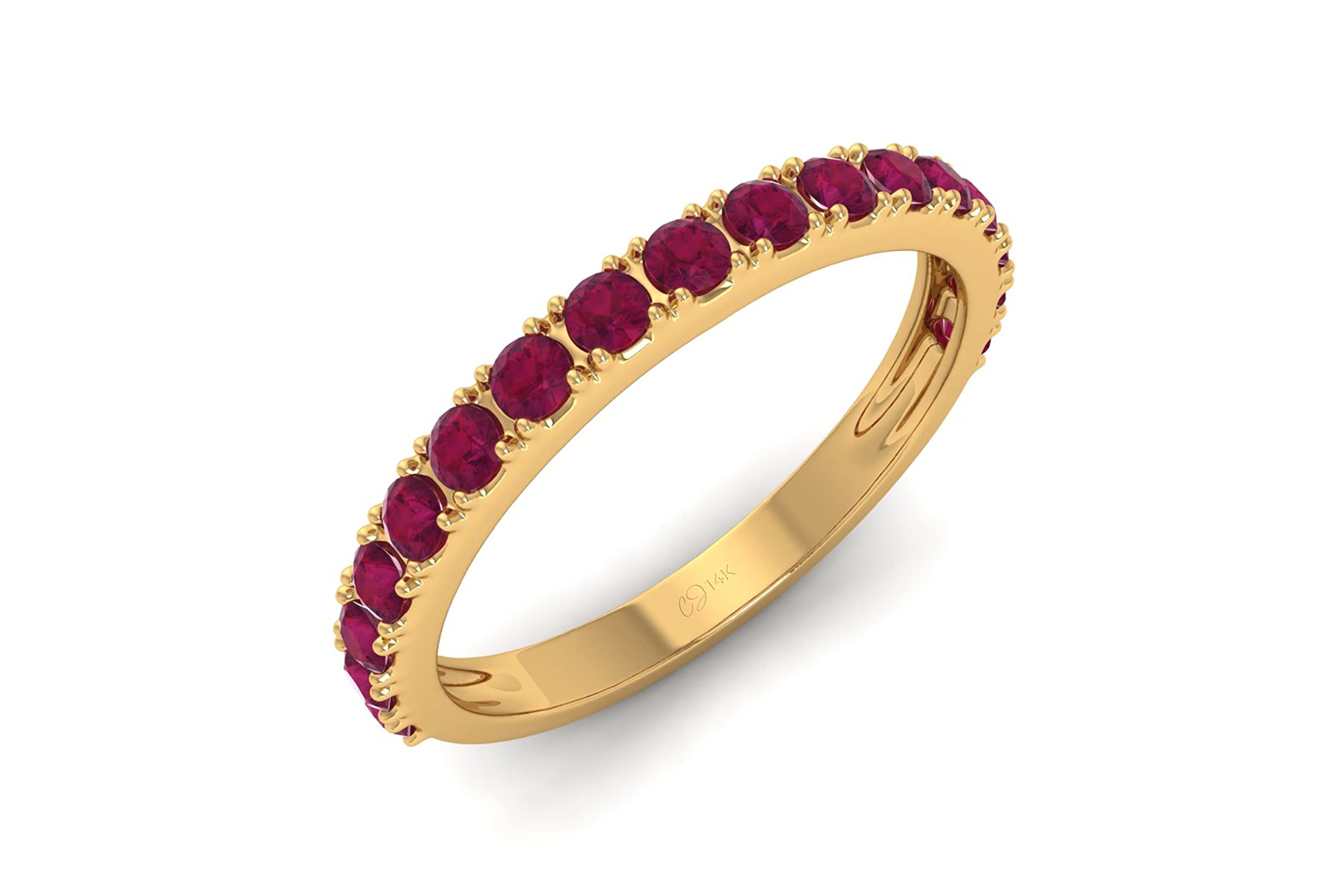 Ruby Eternity Band, 2mm Round Cut Birthstone Wedding Bands, 14k Yellow Gold Stackable Rings