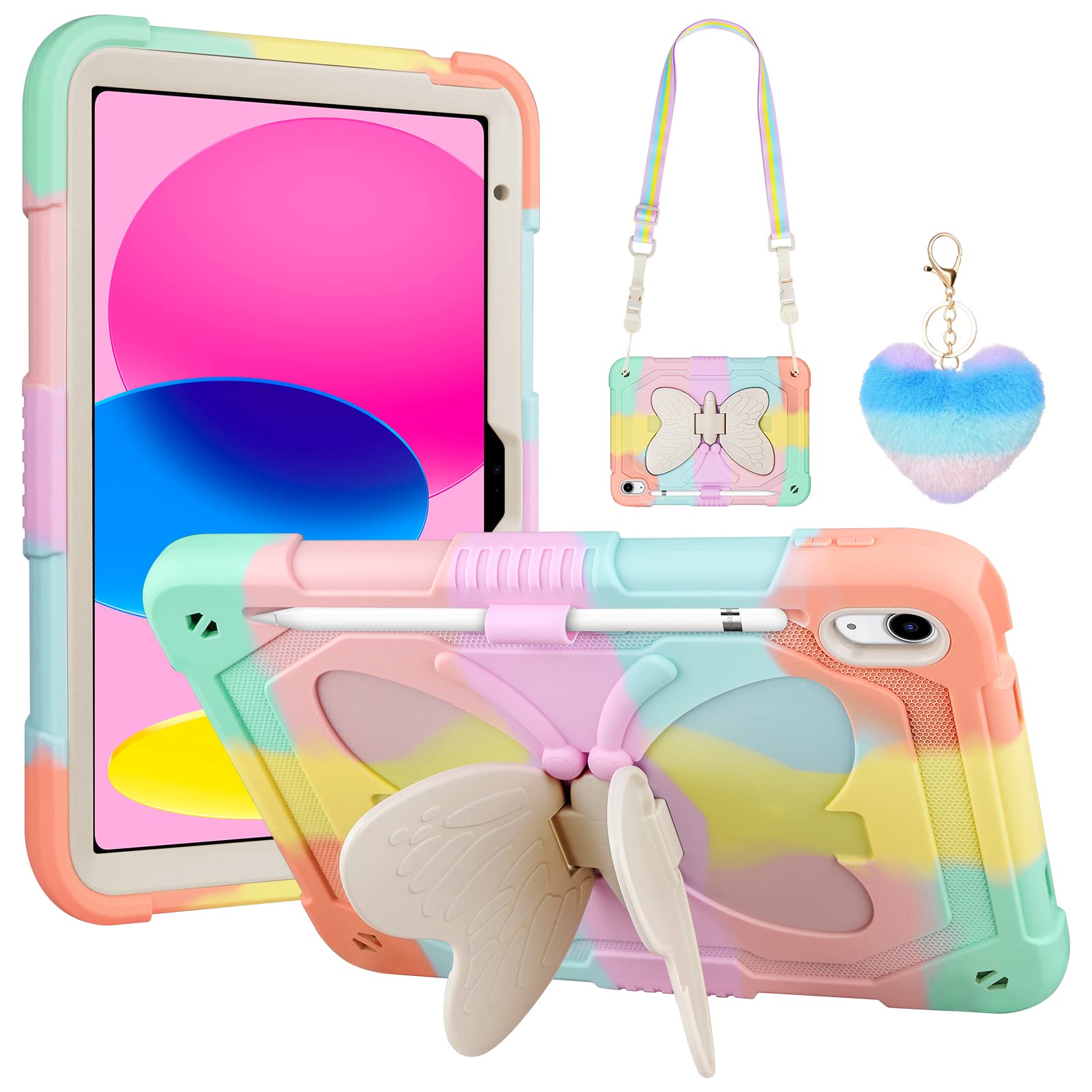 WESADN for iPad 10th Generation Case 2022 with Kickstand Lanyard Keychain Pencil Holder Rugged Heavy Duty Case for Girls Kids Cute Protective Tablet Cover for iPad 10th Gen 10.9 inch 2022 Rose Gold