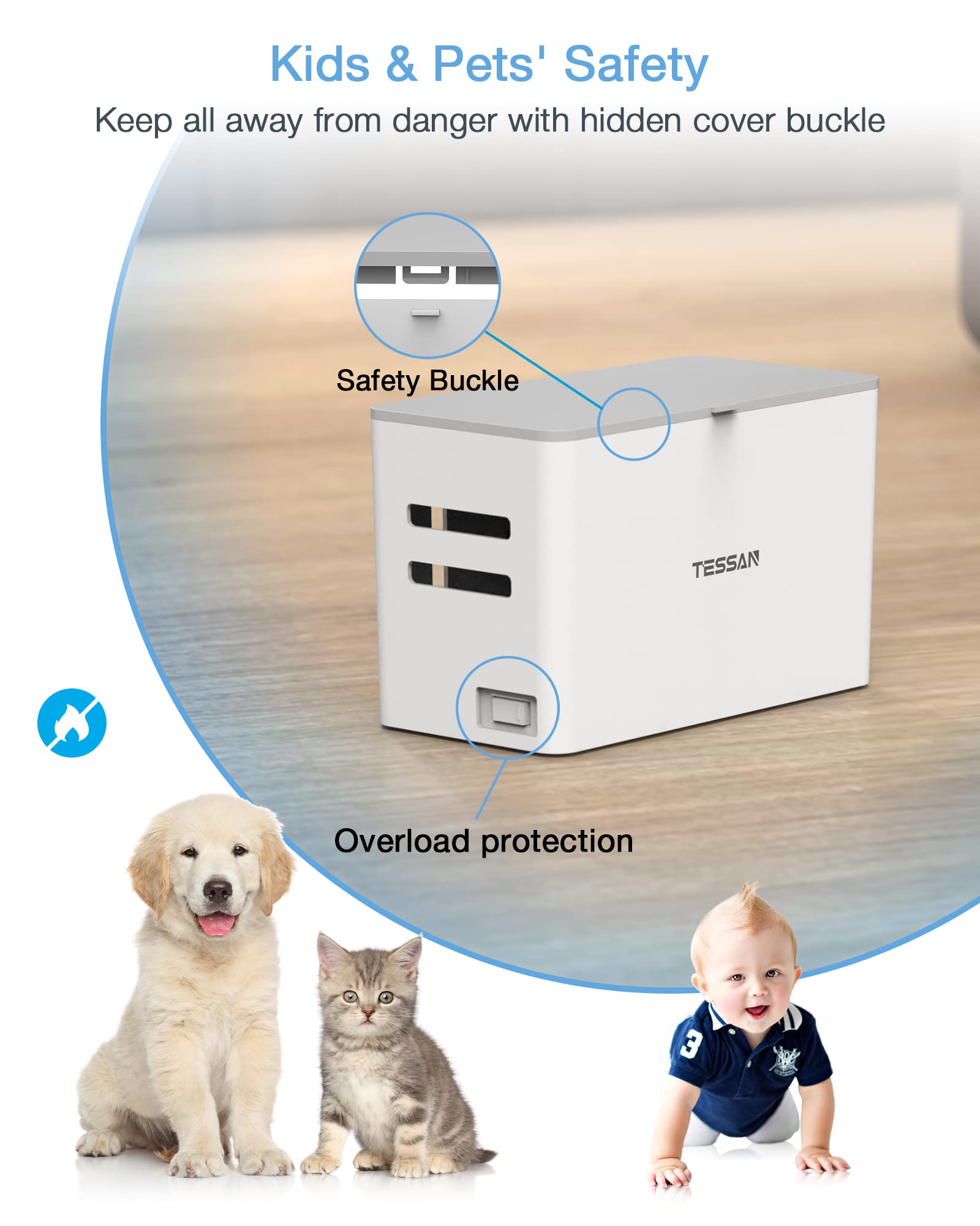 Power Strip with Cable Management Box, TESSAN 5 ft Flat Plug Extension Cord, 4 Outlets 2 USB Ports with Overload Switch, Mountable White Power Cord Organizer Charging Station for Dorm, Office, Home