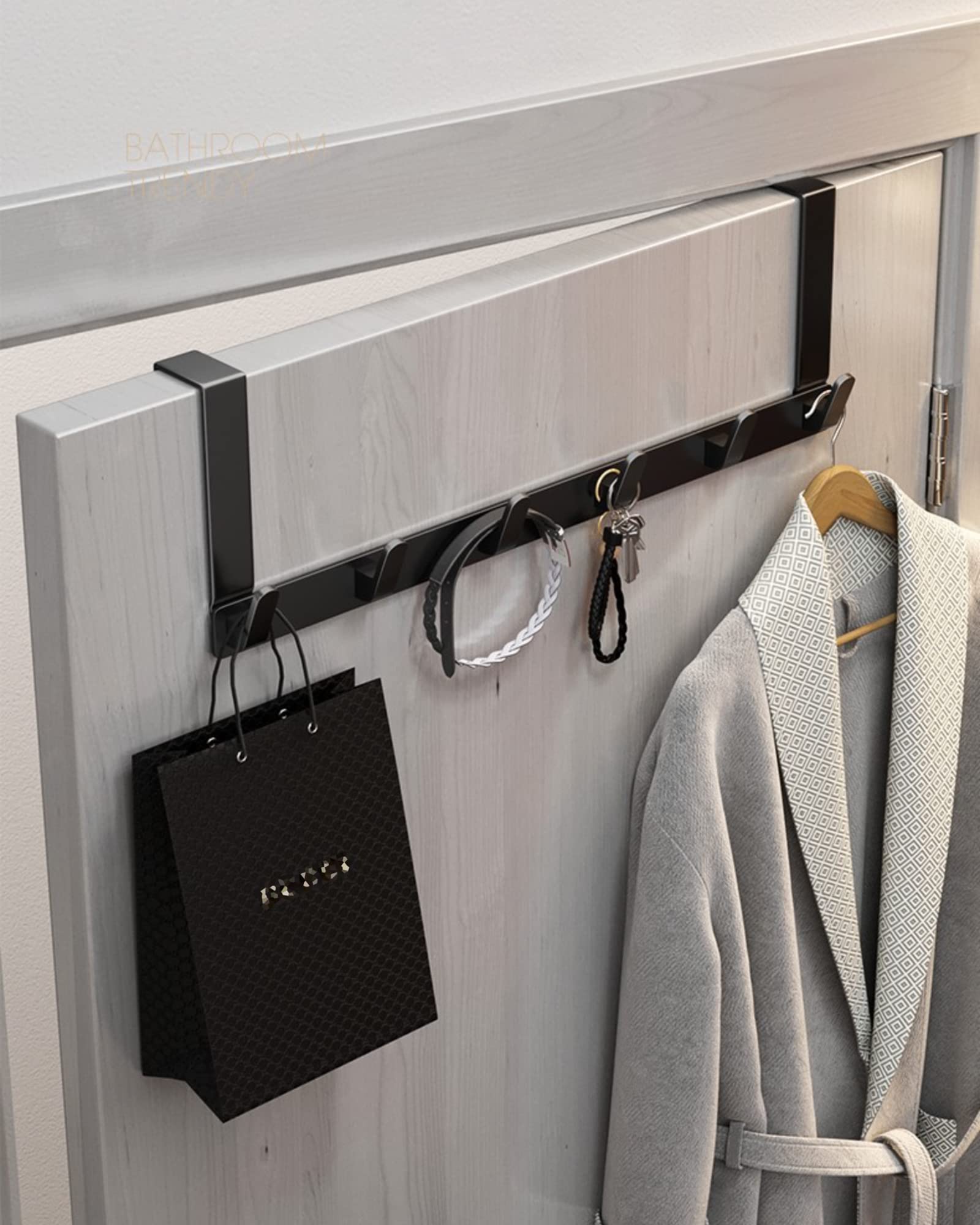 KitchLife Over The Door Hooks Hanger with Extended Arms for Easy Use by Women - Bathroom Accessories and Towel Rack Organization - 1 Pack, Matte Black