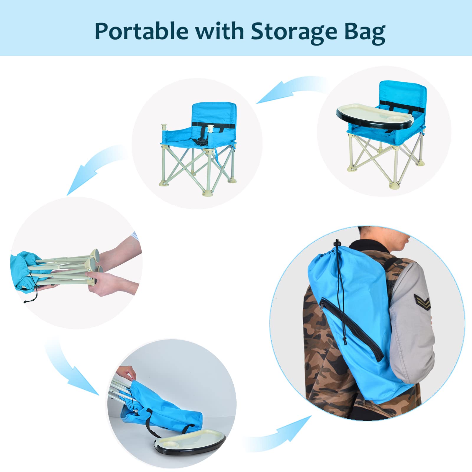 Travel Booster Seat & Activity Chair Folding Portable High Chair for Eating Dining, Camping, Park, Beach or Grandma Use, 2 Oversized Removable Tray with Cup Holder for 6-36 Months Baby(Lvory