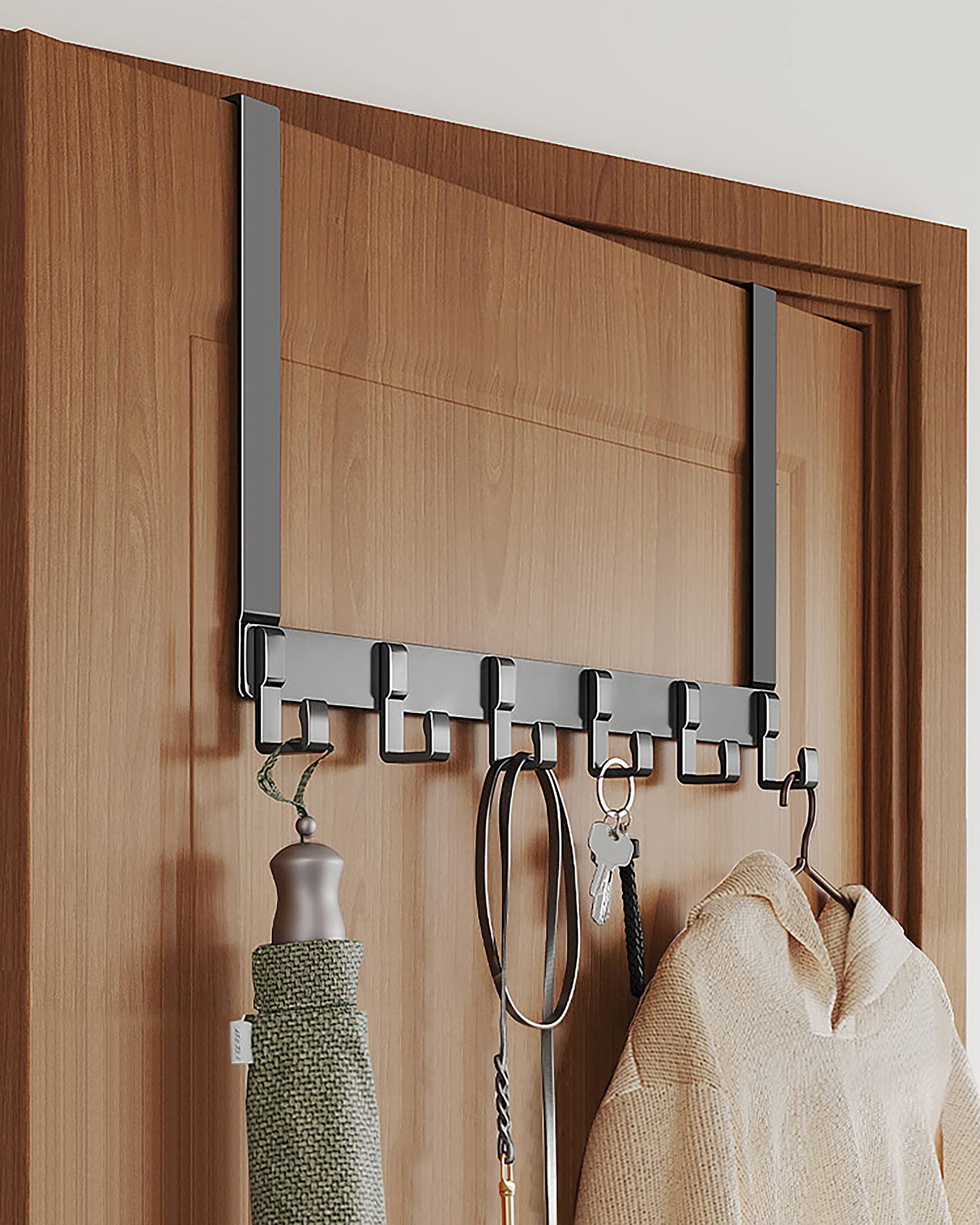 KitchLife Over The Door Hooks Hanger with Extra Long Arms for Easy Use by Women - Bathroom Accessories and Towel Rack Organization - 1 Pack, Black