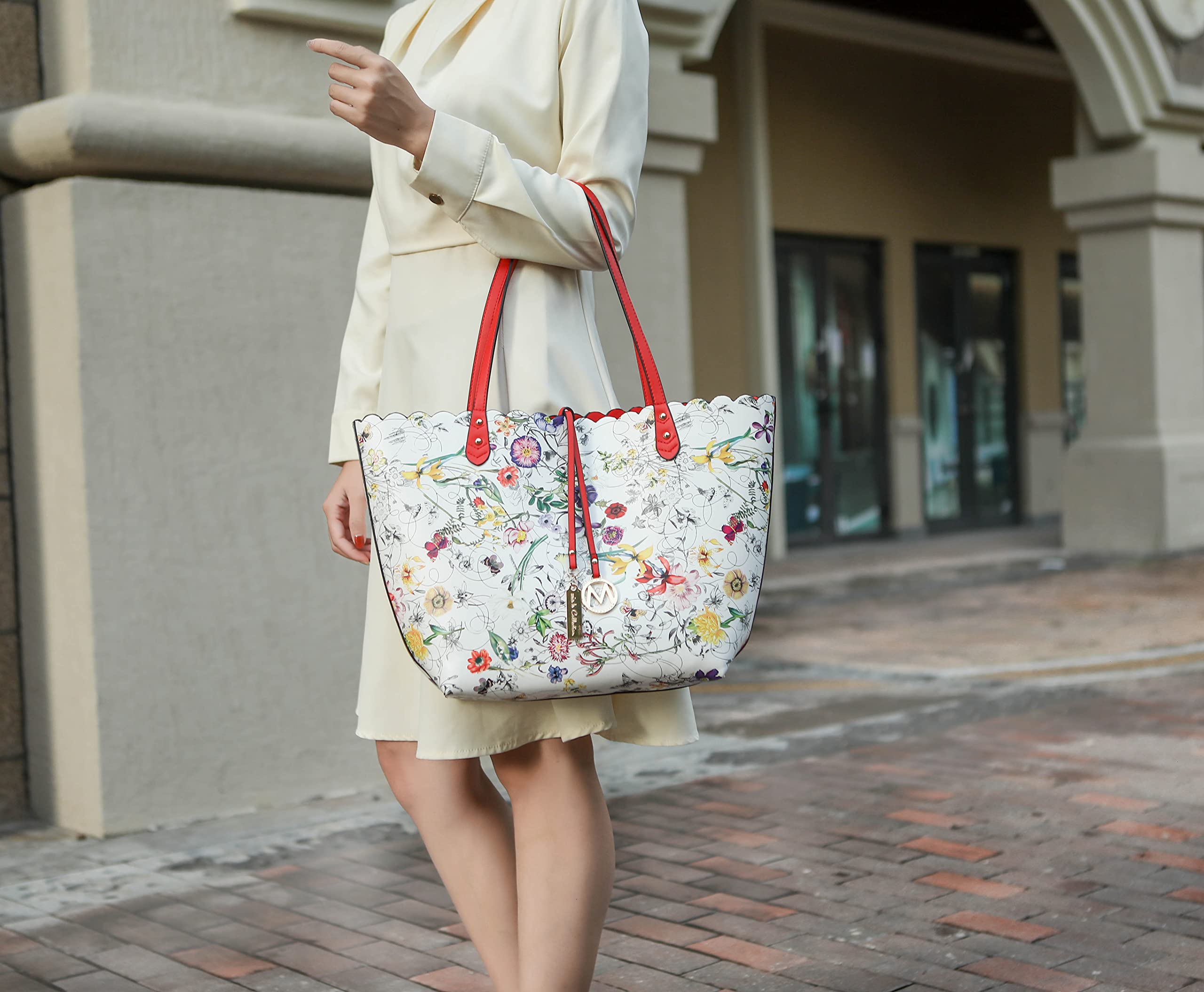 MKF Collection Tote & Pouch Bag for Women-Vegan Leather Designer Handbag -Shoulder Strap Messenger Purse 2Pcs set White red