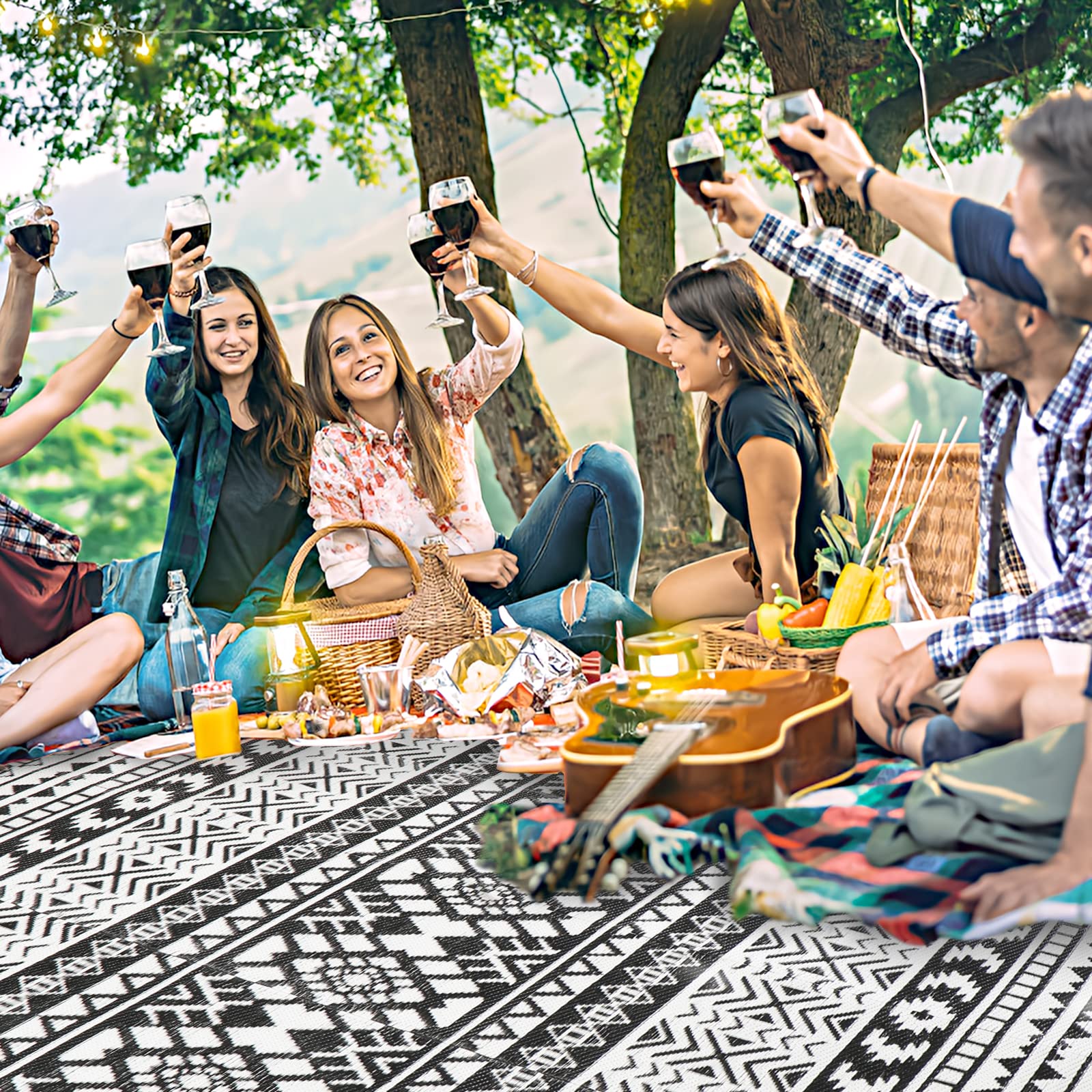 Loninak Outdoor Rug Carpet, Plastic Straw Rug, Waterproof Outdoor Rugs, Patio Rug for RV, Trailer, Beach Camping, Backyard, Deck, 4 Stakes and Carry Bag Included, 5' x 8'