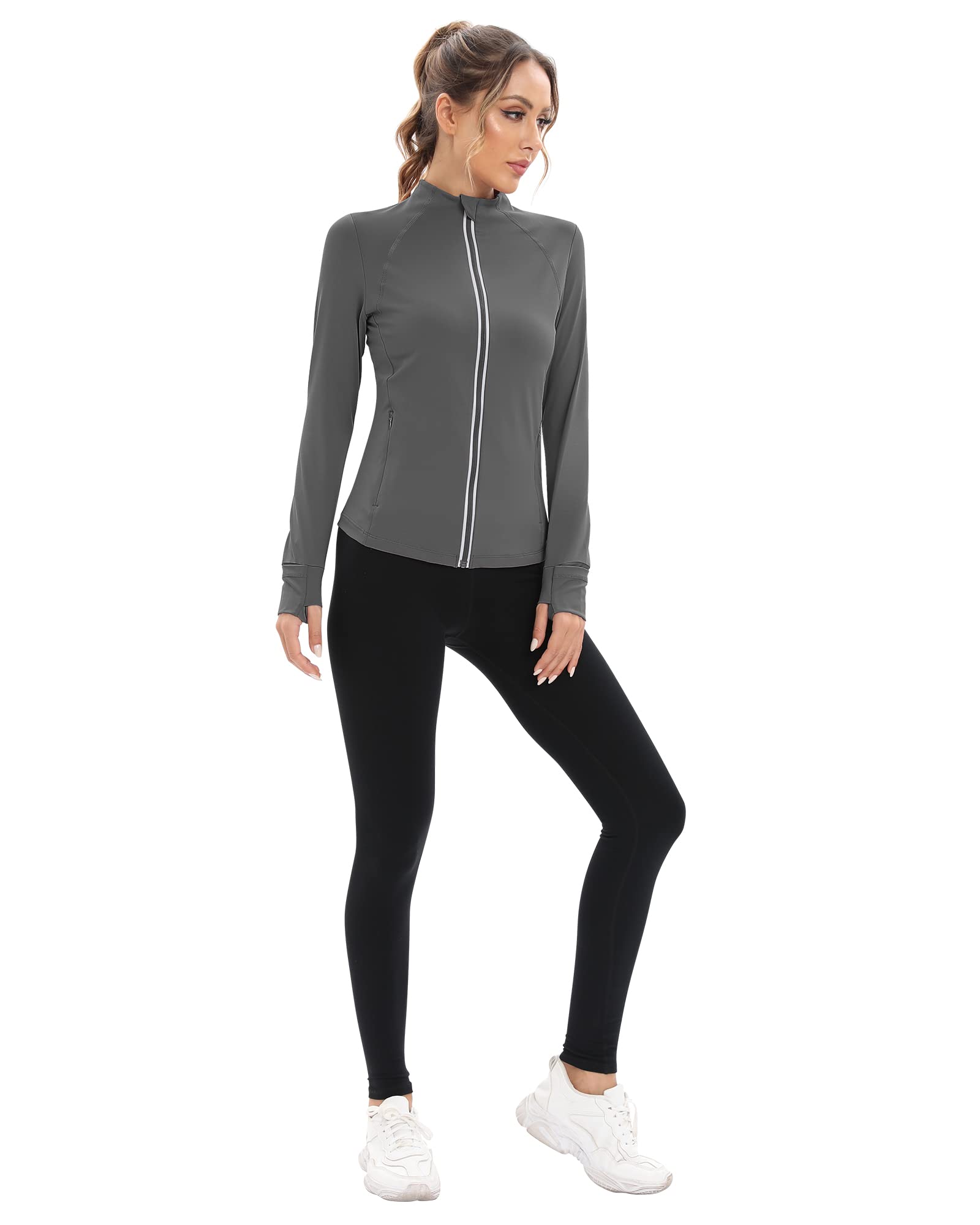 Runhit Lightweight Running Jacket for Women Long Sleeve Compression Shirts Zip Up Athletic Track Jacket UPF 50 Sun Protection Shirts Grey Small