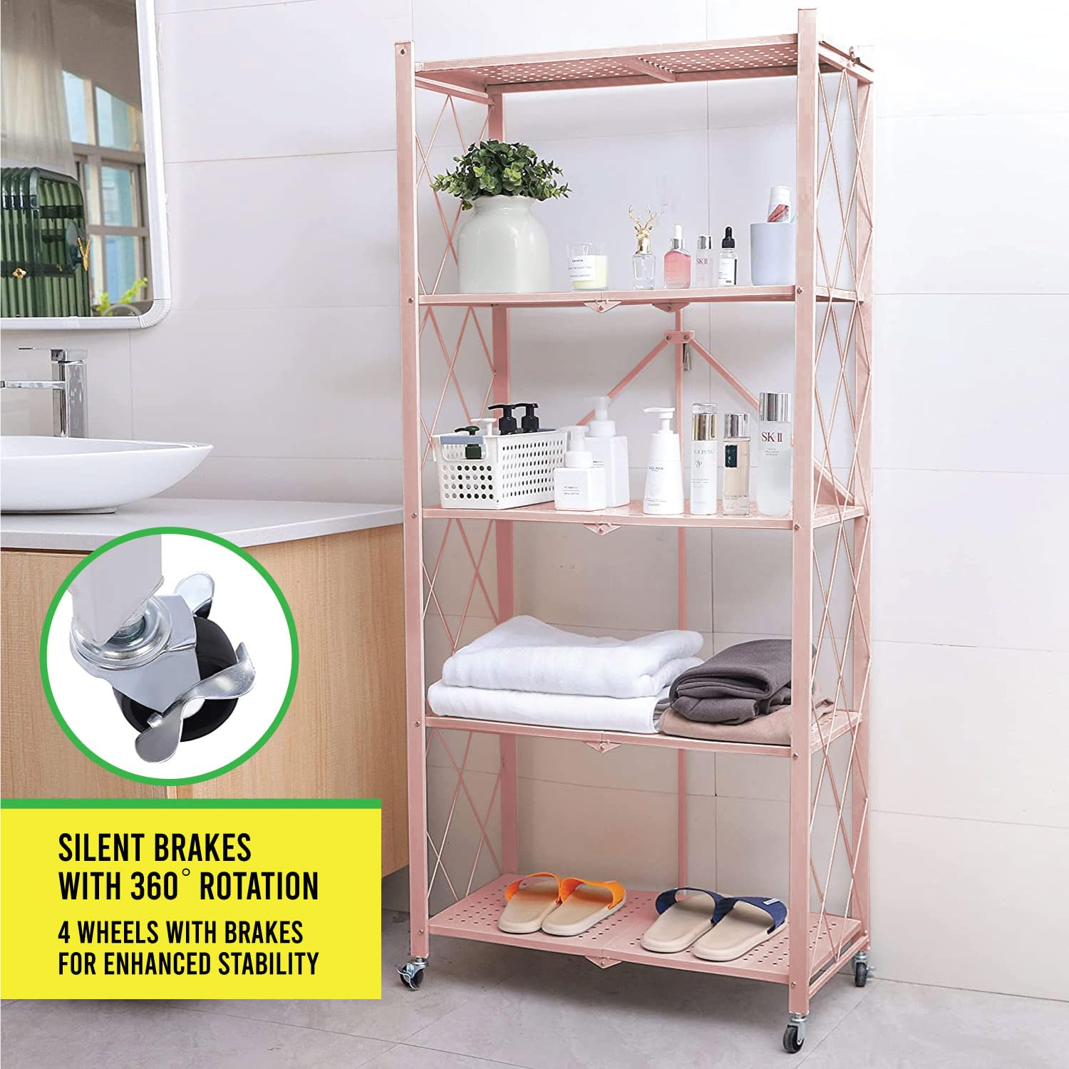 Letusto Foldable Collapsible Shelf with Wheels & Breaks - Folding Shelf Heavy Duty Metal Frame Pantry Shelving Unit - Origami Bookcase - No Assembly Bookshelf (Pink, 5 Tier)