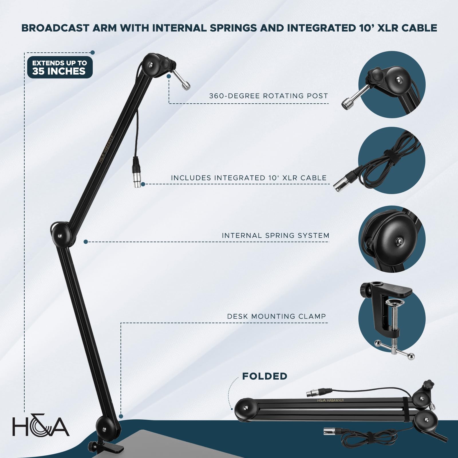Rode PodMic Dynamic Podcasting Microphone Bundle with Broadcast Arm with Internal Springs, H&A Studio Monitor Headphones, XLR M to F Mic Cable