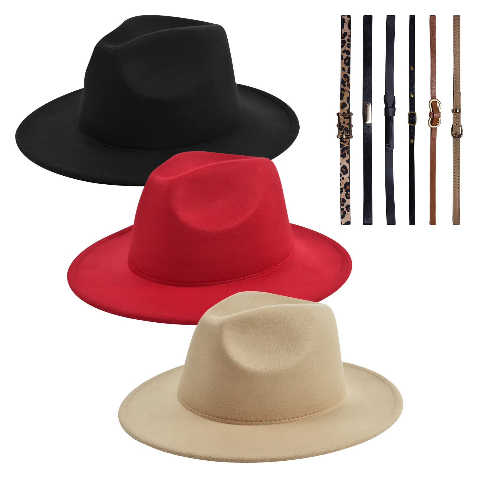 ReFeltidolom Fedora Hats for Men & Women, 3 Pack Classic Wide Brim Fedora Hat with 6 Belt Buckles