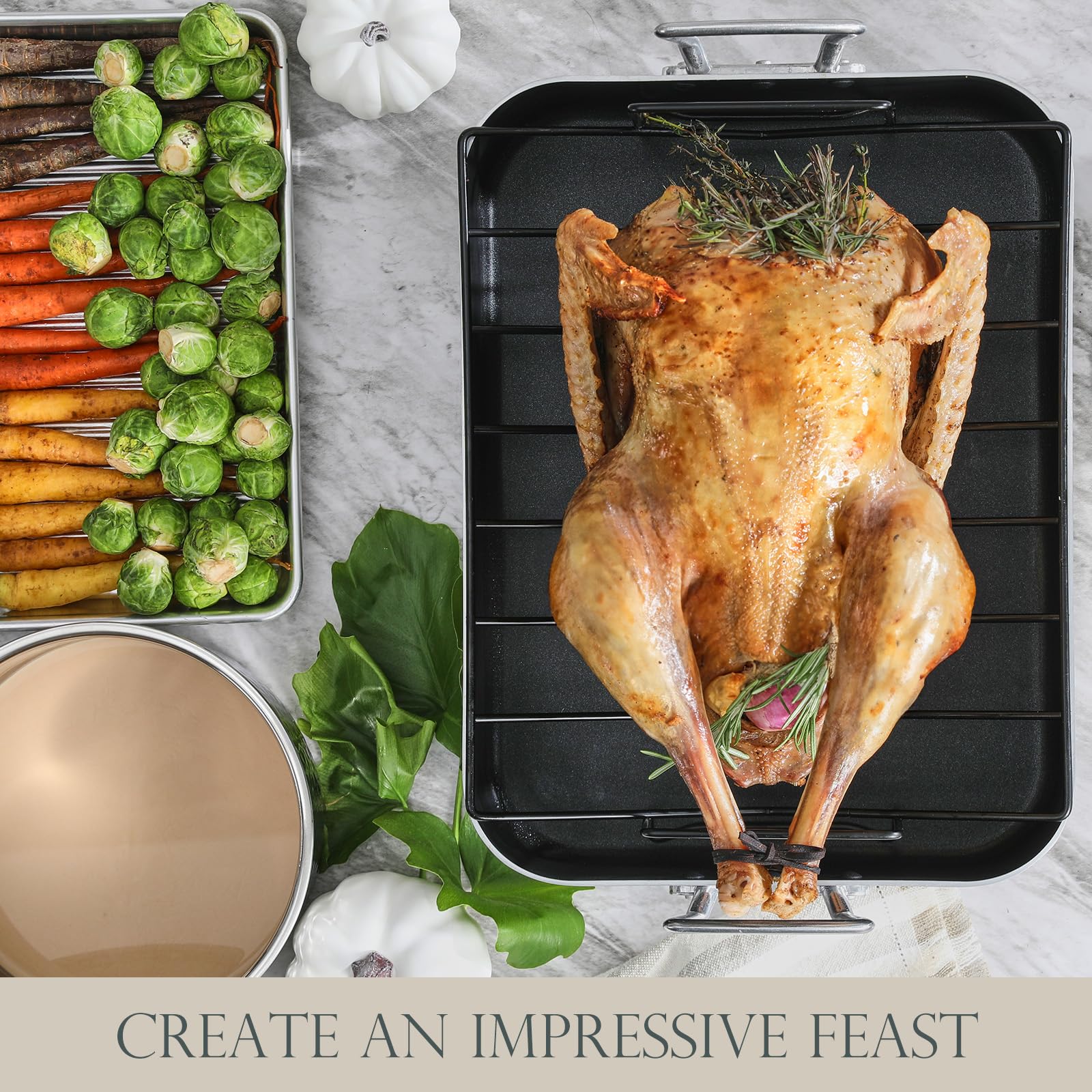 KITESSENSU Nonstick Turkey Roasting Pan with Rack 17 x 14 inch - Large Chicken Roaster Pan for Oven - Wider Handles & Heavy Duty Construction - Suitable for 24lb Turkey, Cream