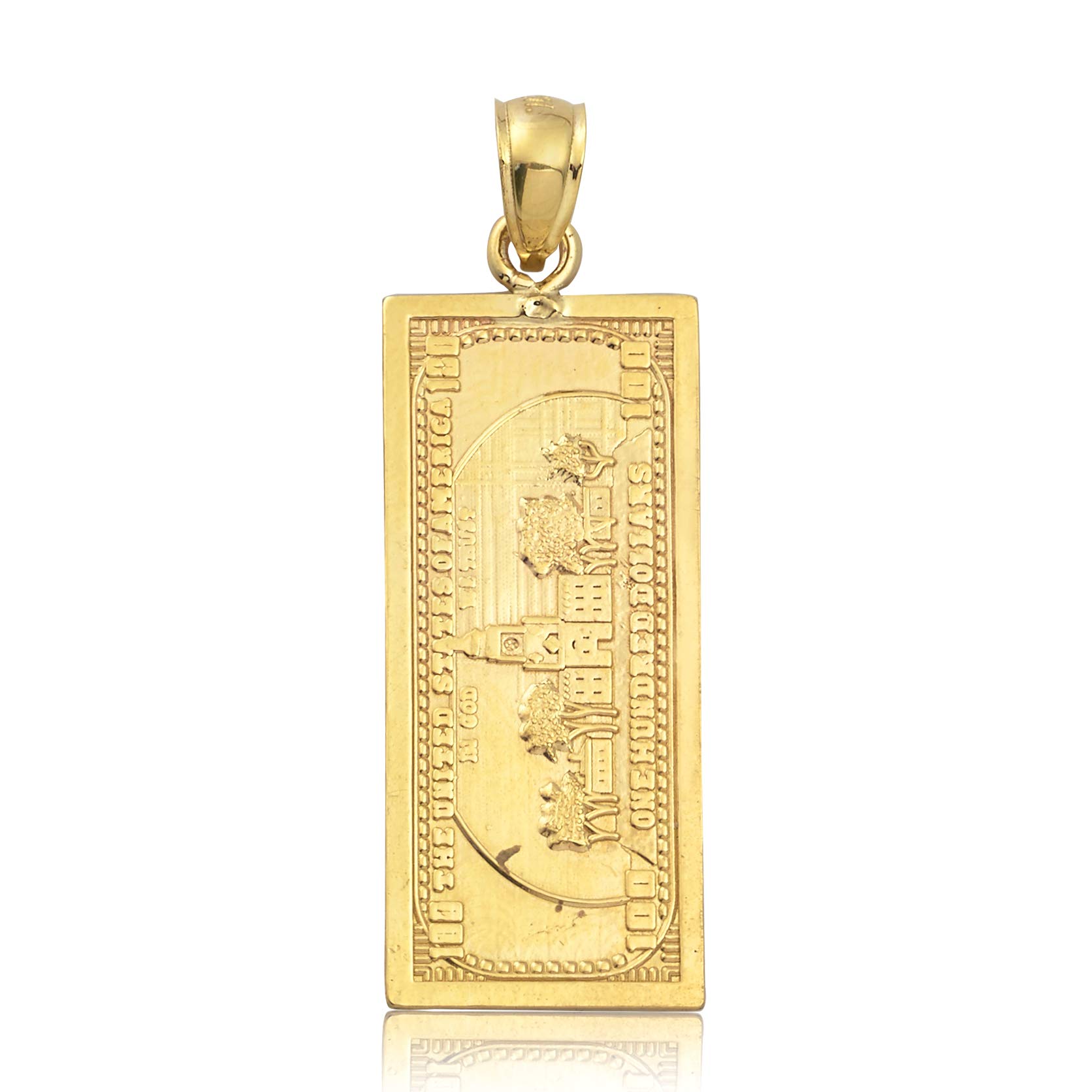 LoveBling 10K Yellow Gold Hundred Dollar Bill, Benjamin Franklin, Back to Back Charm Pendant (1.45" x 0.47")