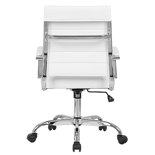 LANDSUN Home Office Chair Mid Back Desk Chair PU Leather Ribbed Executive Swivel Computer Chair with Wheels and Armrests Soft Padded Adjustable Height Conference Task White