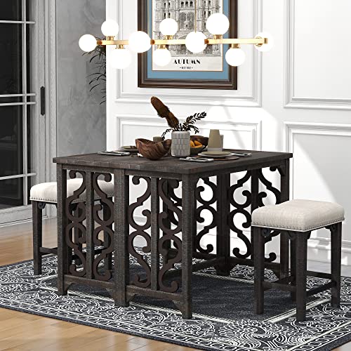 LAVHOME Retro Style 3-Piece, Solid Wood Counter Height Pub Set,Foldable Table with 2 Saddle Stools for Small Space,Kitchen,Dining Room,Restaurant,Coffee Shop (Espresso)