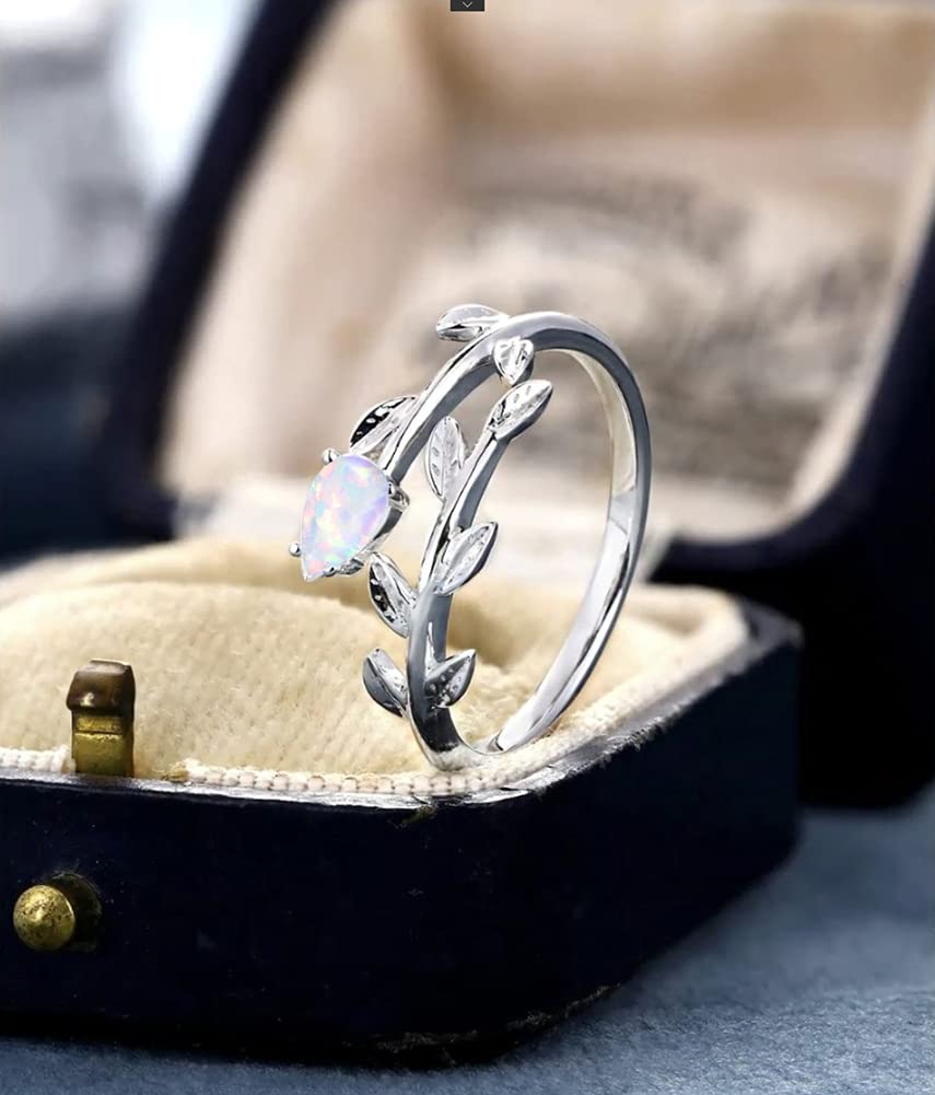 PRAYMOS 925 Sterling Silver Leaf Ring White Opal Rings for Women Adjustable Rings Wrap Opal Engagement Wedding Rings Size 7 8 9 Christmas Gifts for Women