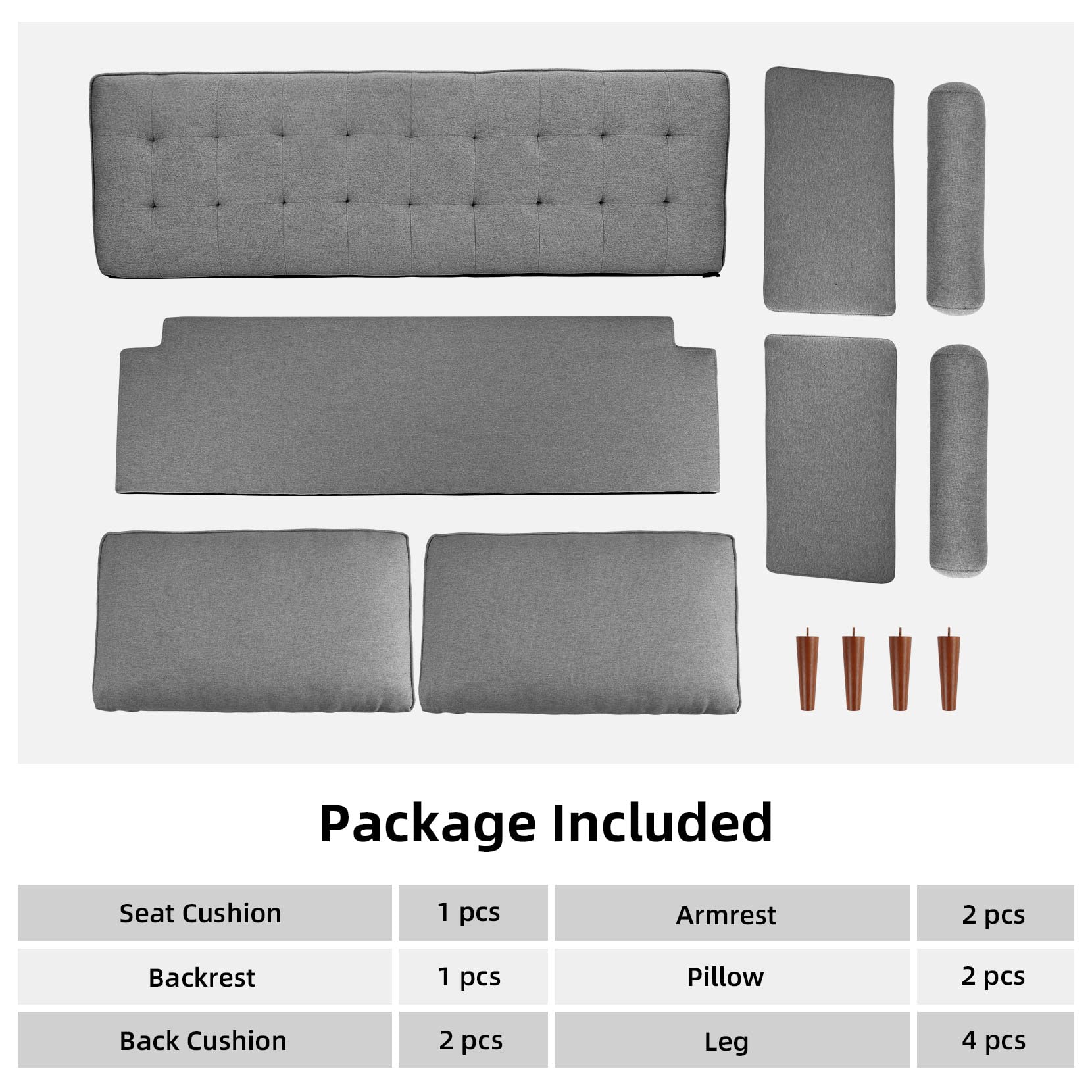 koorlian Sofa Couch, 2 Seater Fabric Loveseat, Mid Century Modern Couches for Living Room, Button Tufted Seat Cushion, Square Armrest, 2 Throw Pillows, Fit for Small Spaces, Dorm, Apart, Grey