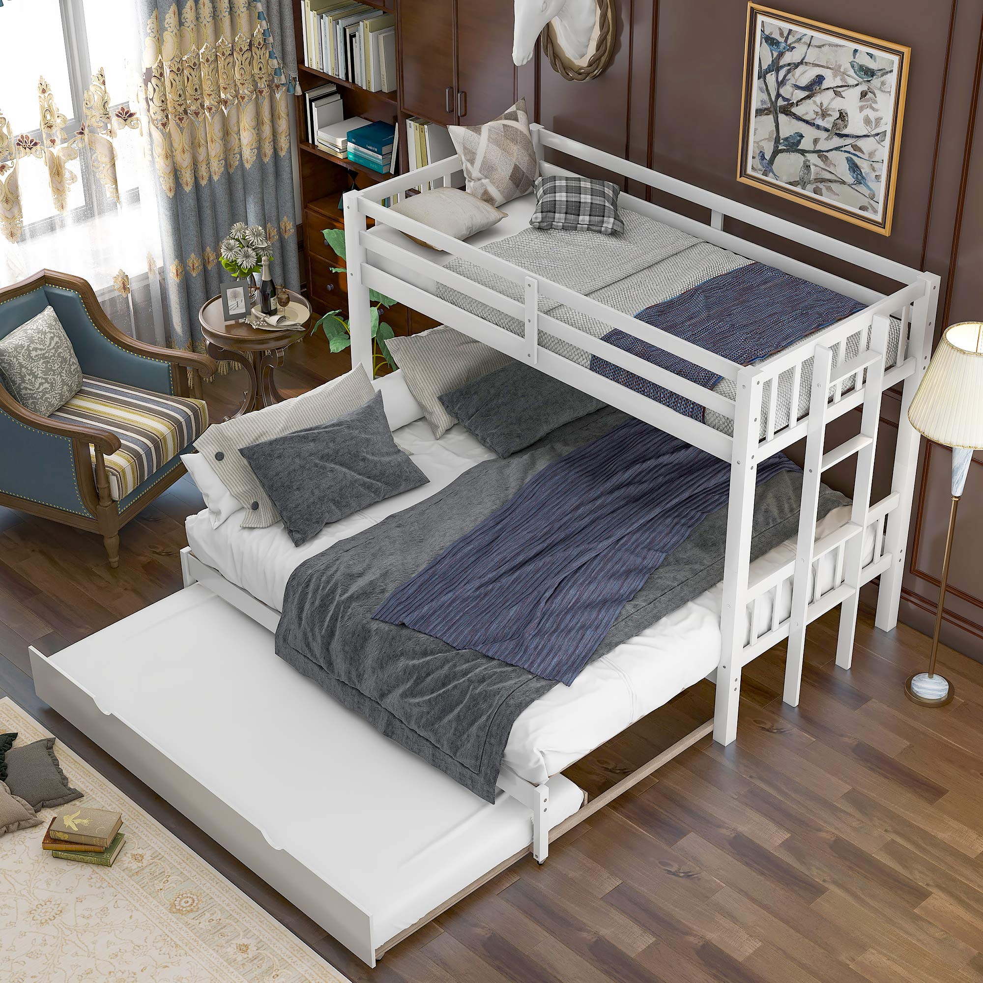 LostCat Twin Over Twin & King Bunk Bed with Trundle,Bottom Bed Can Convertible into Twin, Full, King Size,Pull-Out Multi-Functional Bunk Bed Can for 4 People, White