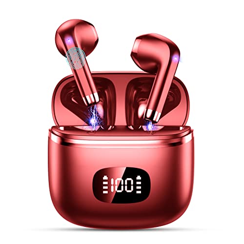 Wireless Earbuds Bluetooth, Headphones Bluetooth 5.3 with HiFi Stereo Deep Bass, Ear Buds Noise Cancelling with ENC Mic, LED Display, 40H Playtime Earphones for Computer Laptop Pad Phone, Dark Red