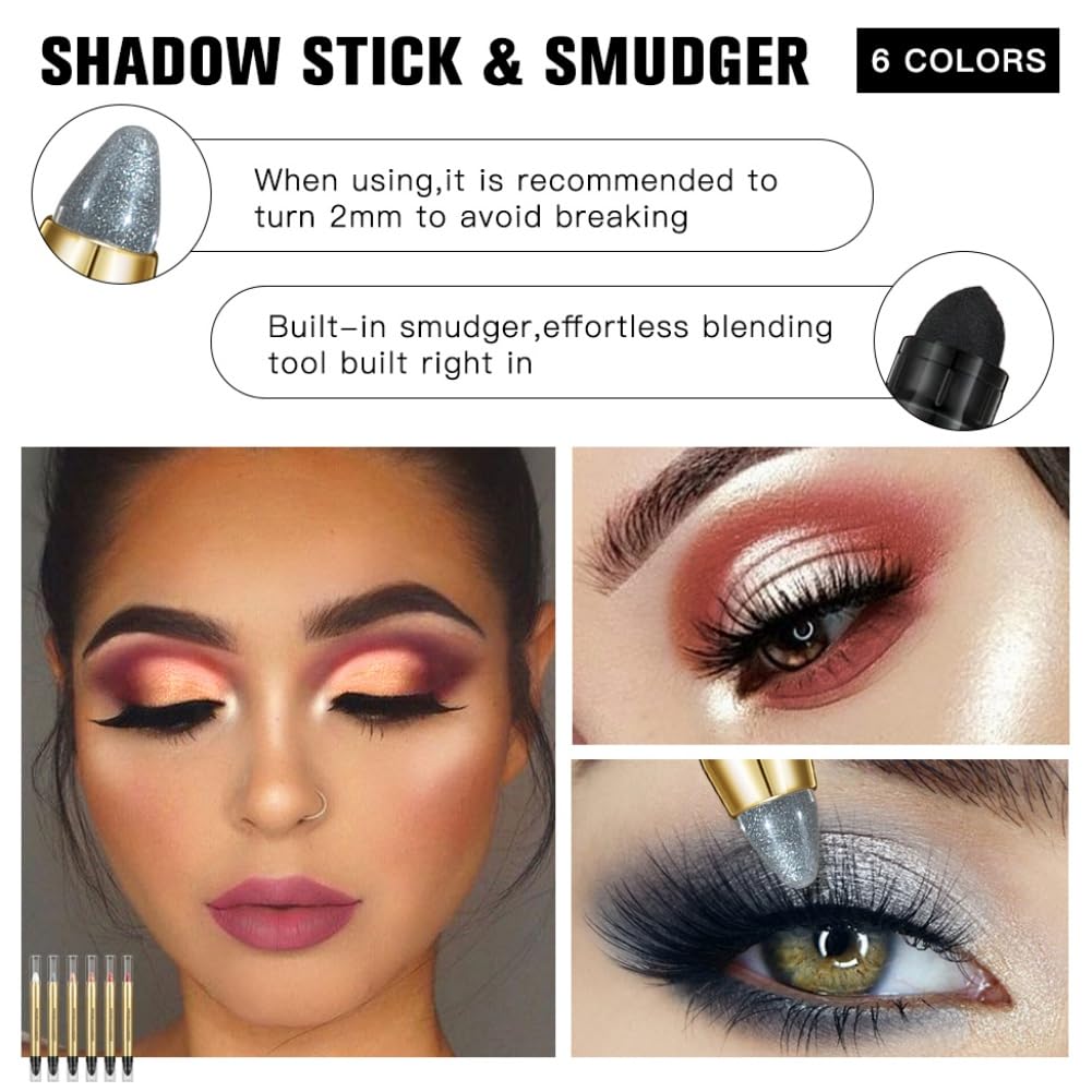 Lucoss 6PCS Cream Eyeshadow Stick, Shimmer Eye Shadow Stick Waterproof Eyeshadow Pencil Long Lasting Glitter Eyeshadow Sticks for Women Eyes Makeup Easy to Wear