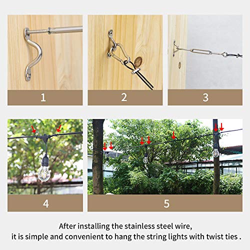 YQL Outdoor String Lights Hanging Kit,Globe String Lights Suspension Kit,164ft Black Vinyl-Coated 304 Stainless Steel Cable,String Light Guide Wire,Hook & Eye Turnbuckle Wire Rope Tension