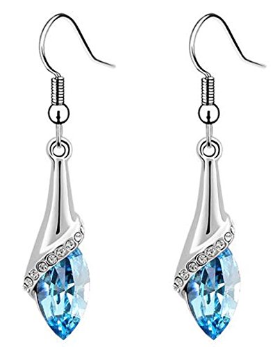 Latigerf Women's Teardrop Shaped Long Dangle Earring White Gold Plated made with Swarovski Crystal Blue