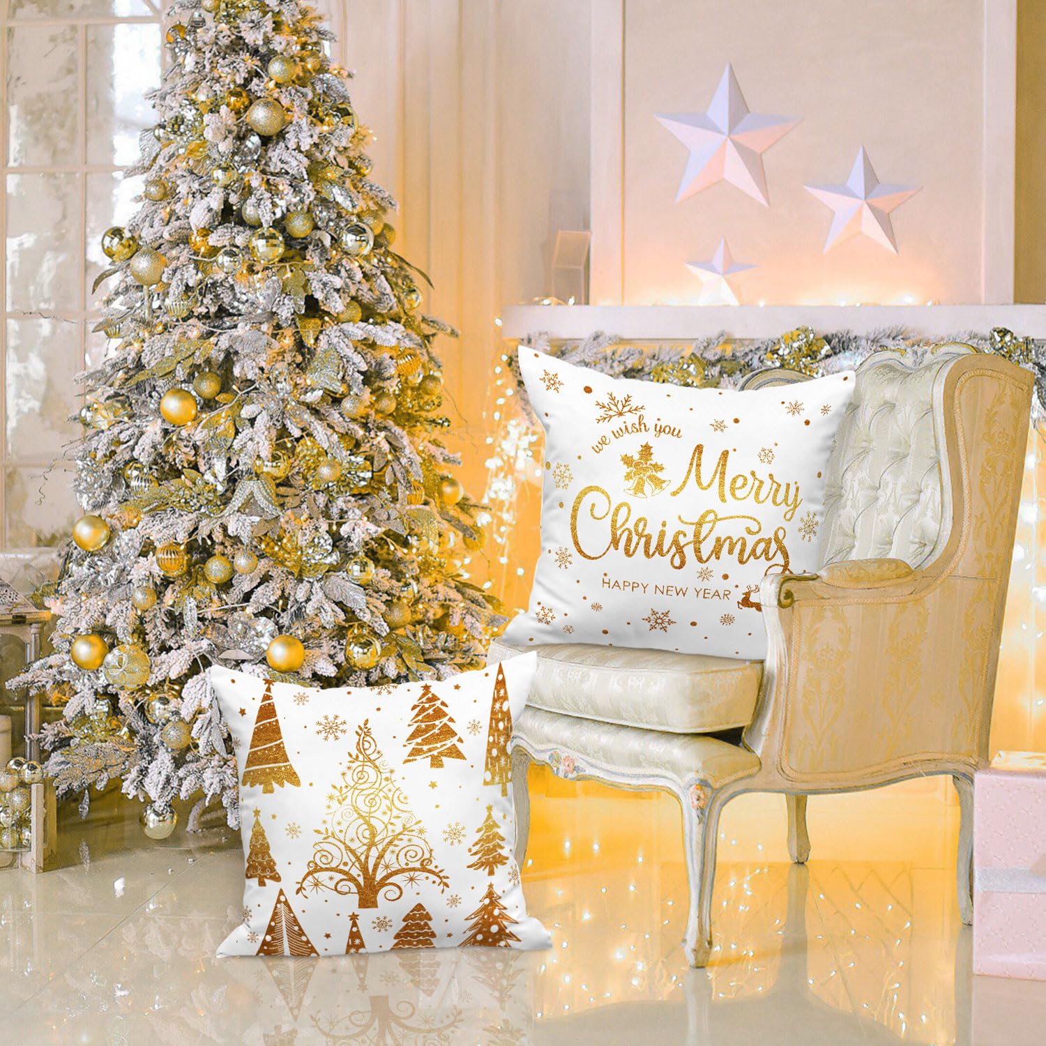 Lanpn White and Gold Bronzing Christmas Throw Pillow Covers 20x20 Set of 4, 20 inch Decorative Xmas Cushion Covers Pillow Cases 20 x 20 for Home Bedroom Room Holiday Couch Decor Decorations