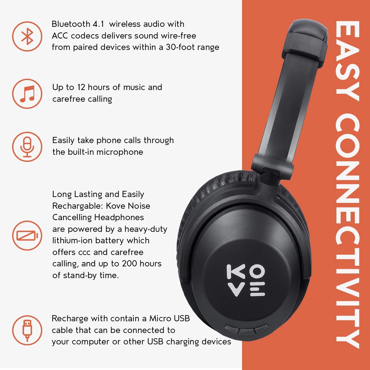 Kove NCH Noise Cancelling Bluetooth Headphones - Active Noise Cancellation, Built-In Microphone, Wireless and Rechargeable - Over Ear Buds For Work, Travel Gaming And Workouts