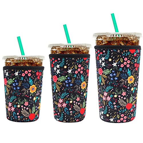YR Reusable Neoprene Insulator Sleeve for Iced Coffee Cups, 3 Pack Coffee Coolies sleeves for Iced & Hot Drinks, Cold Beverage Cooler Compatible with Starbucks Dunkin Coffee and More