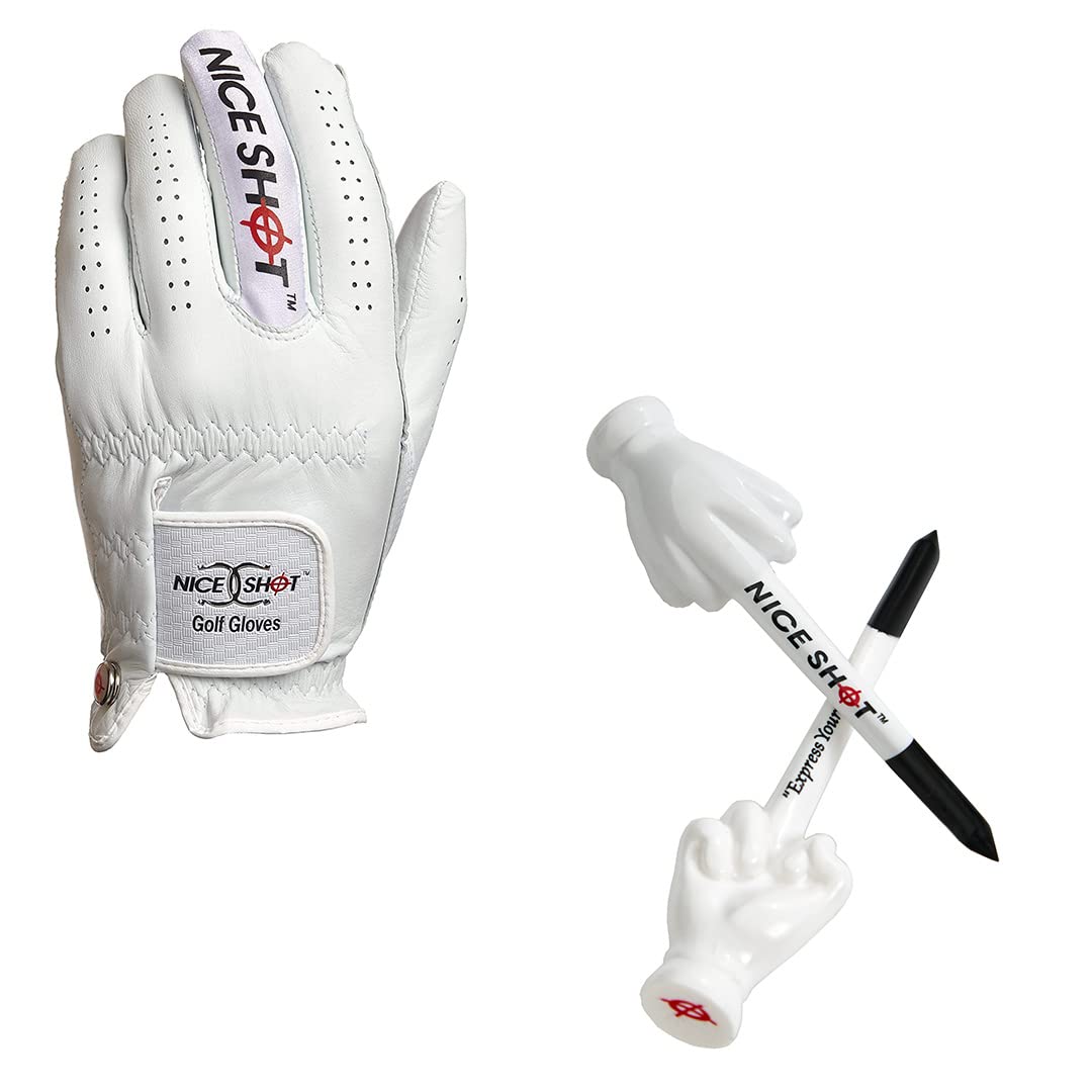 Nice Shot Bundle The Bird Men's Left Hand Cadet Large White Cabretta Leather Golf Glove Patented Design Golf Tees - Express Yourself - 3 1/4 Inch Golf Tees - 12 Pack