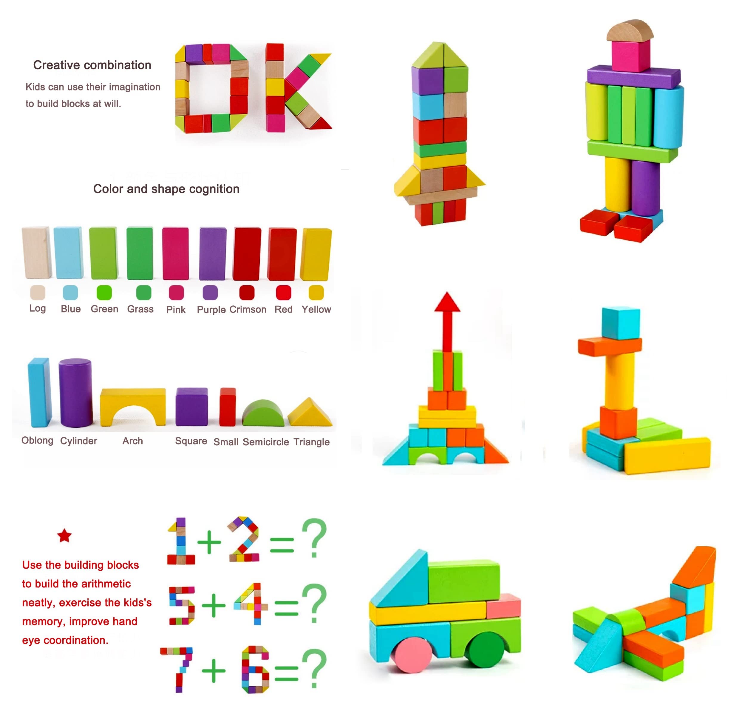SHIMANDA Wooden Multicolour Building Blocks Set for Boys & Girls, Colorful Learning Educational Construction Toys Gift for Kids, Stacking Building Blocks for Toddlers (40 PCS)