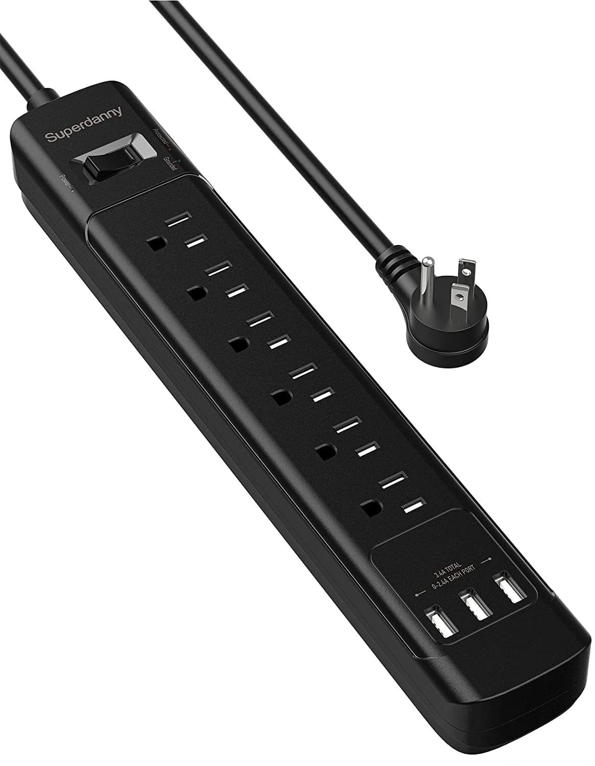 SUPERDANNY Surge Protector Power Strip with USB, ETL Listed, 2100J Flat Plug Extension Cord 5ft 15A 1875W, 6 Outlets 3 USB Ports, Wall Mount, Safety Covers, Black, 2022 Version