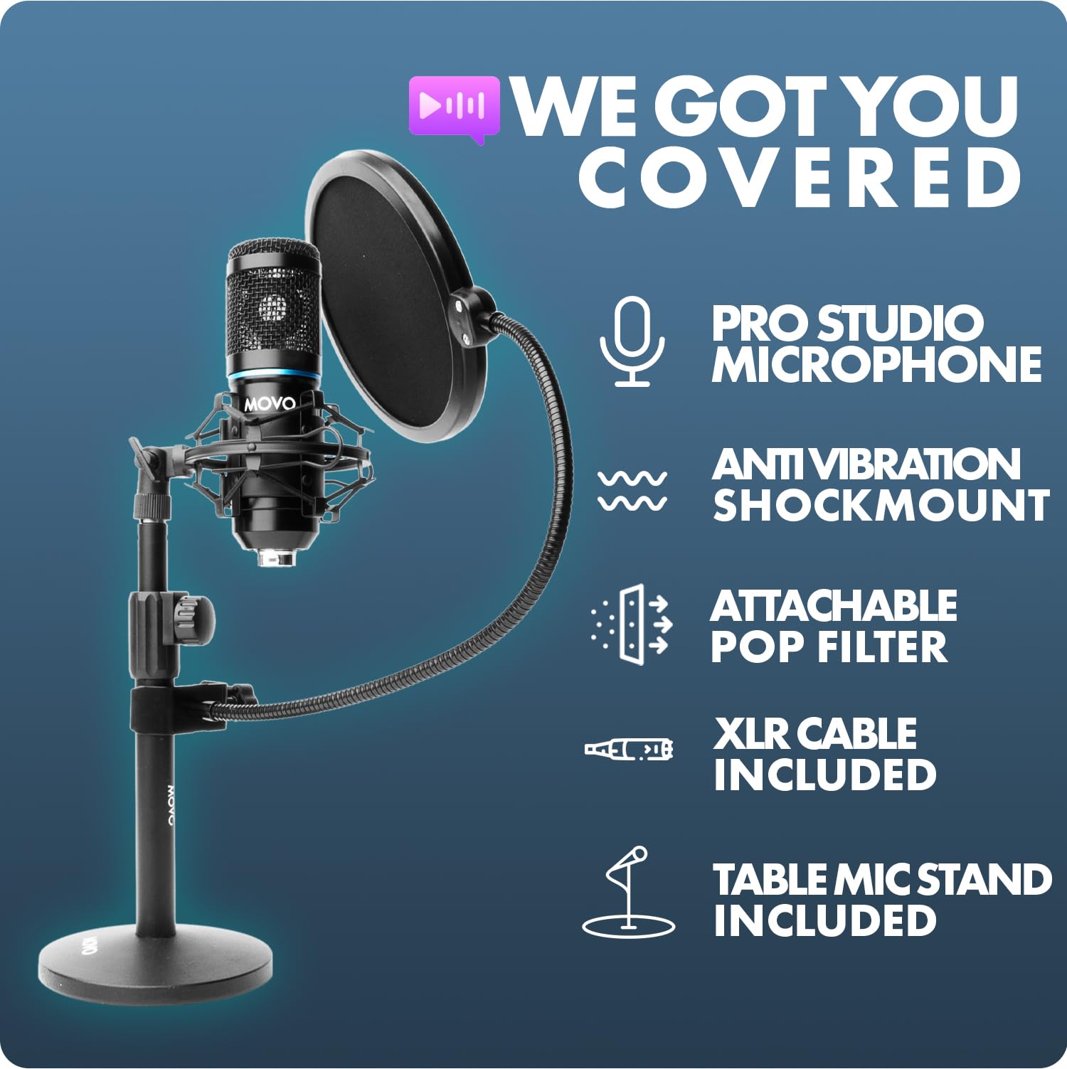 Movo PodPak4T 4-Pack Universal XLR Podcast Microphone Bundle- Includes 4 Cardioid Condenser Mics, Desktop Mic Stands, Pop Filters, Shock Mounts, and Cables for Podcast Equipment