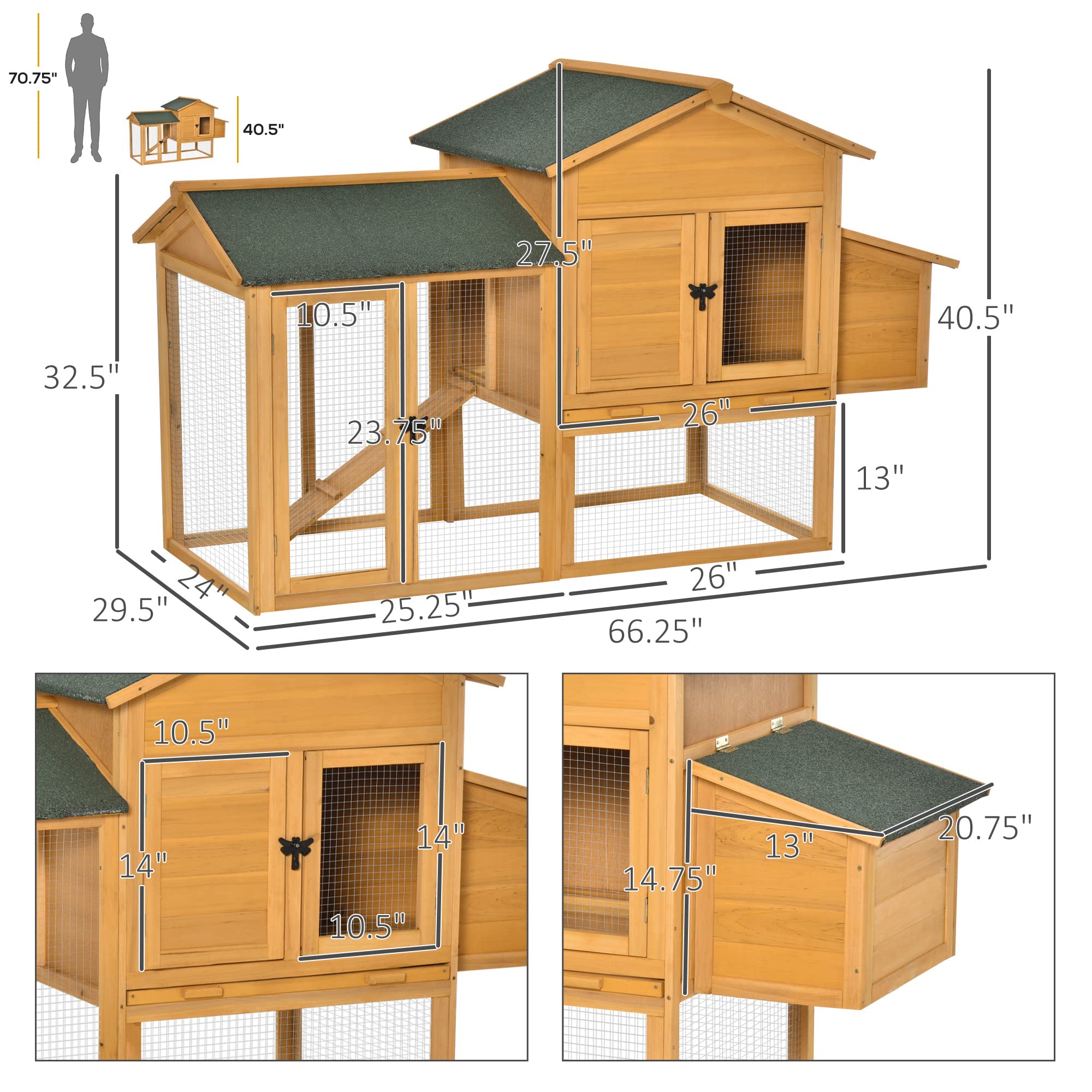 PawHut 66" Wooden Chicken Coop, Outdoor Hen House, Poultry Habitat with Removable Tray, Nesting Box, Ramp