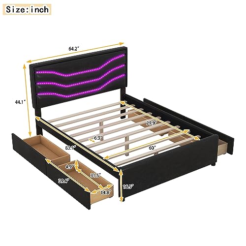 YSWH Queen Size Upholstered Platform Bed, Wood Storage Bed Frame with 4 Drawers, Headboard with LED Lights Strips and USB Charging, Kids Adults Bedroom Furniture Versatility Bed (Black)