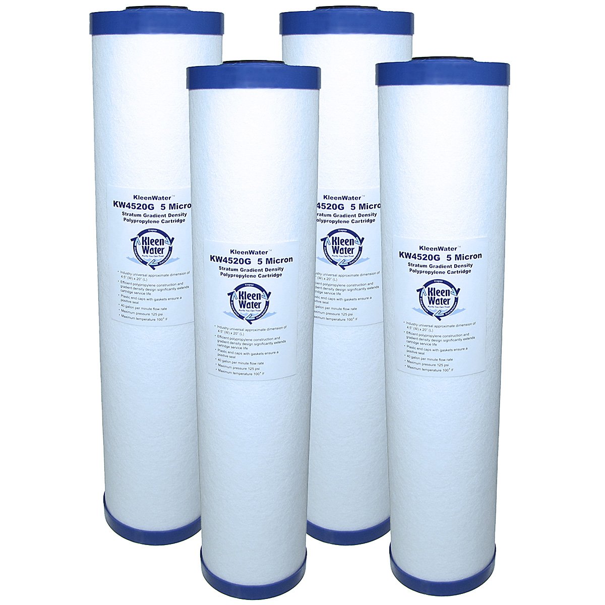KleenWater KW4520G 5 Micron Dirt, Rust and Sediment Meltblown Water Filter Replacement Cartridge 4.5 x 20 Inch, Set of 4