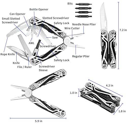 ROCKTOL Multitool Spring Pliers, 21-in-1 Heavy Duty Multi tool with Safety Locking Toolset, Magnetic Screwdriver, Bits, Bottle Opener, Saw, Nylon Sheath, Gift for Mans