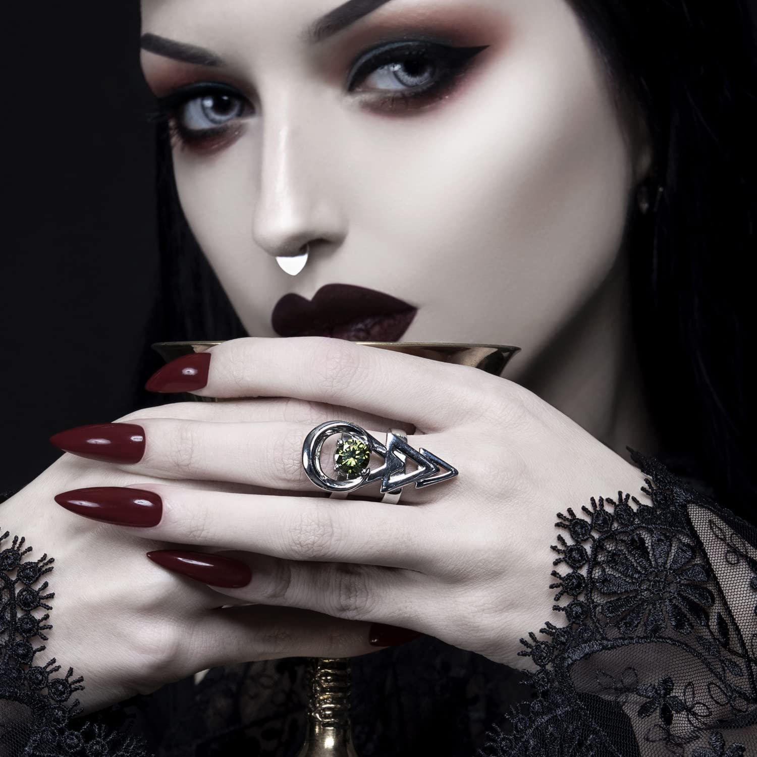 Rune Ring by Rogue+Wolf Gothic Y2K Jewelry Emo Goth Accessories, Cool Boho Alt Knuckle Chunky Ring Aesthetics, Non-Precious Metal, pale emerald synthetic spinel