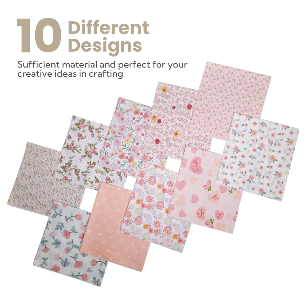 WISPAWS Fat Quarters Fabric Bundles, 10 Pcs 100% Cotton 18β x 20β (45cmx50cm) Precut Quilting Fabric Squares, Floral Prints Cotton Fabric Squares Quilting Supplies for Crafts Sewing Quilting (Pink II)