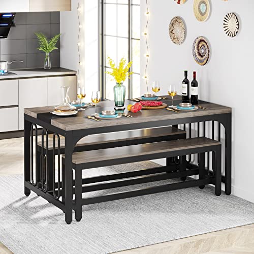 LITTLE TREE Dining Table Set, 3-Piece Kitchen Table with 2 Benches, Rustic Grey